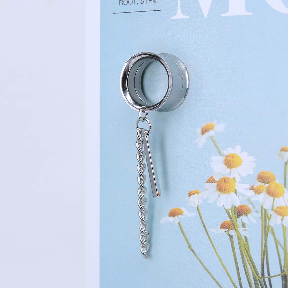 ZS Vintage Moon Dangle Ear Tunnels Plug Stainless Steel Screw Ear Gauge Feather Chain Ear Expander Flesh Tunnels Piercing (Rod,0g(8mm))