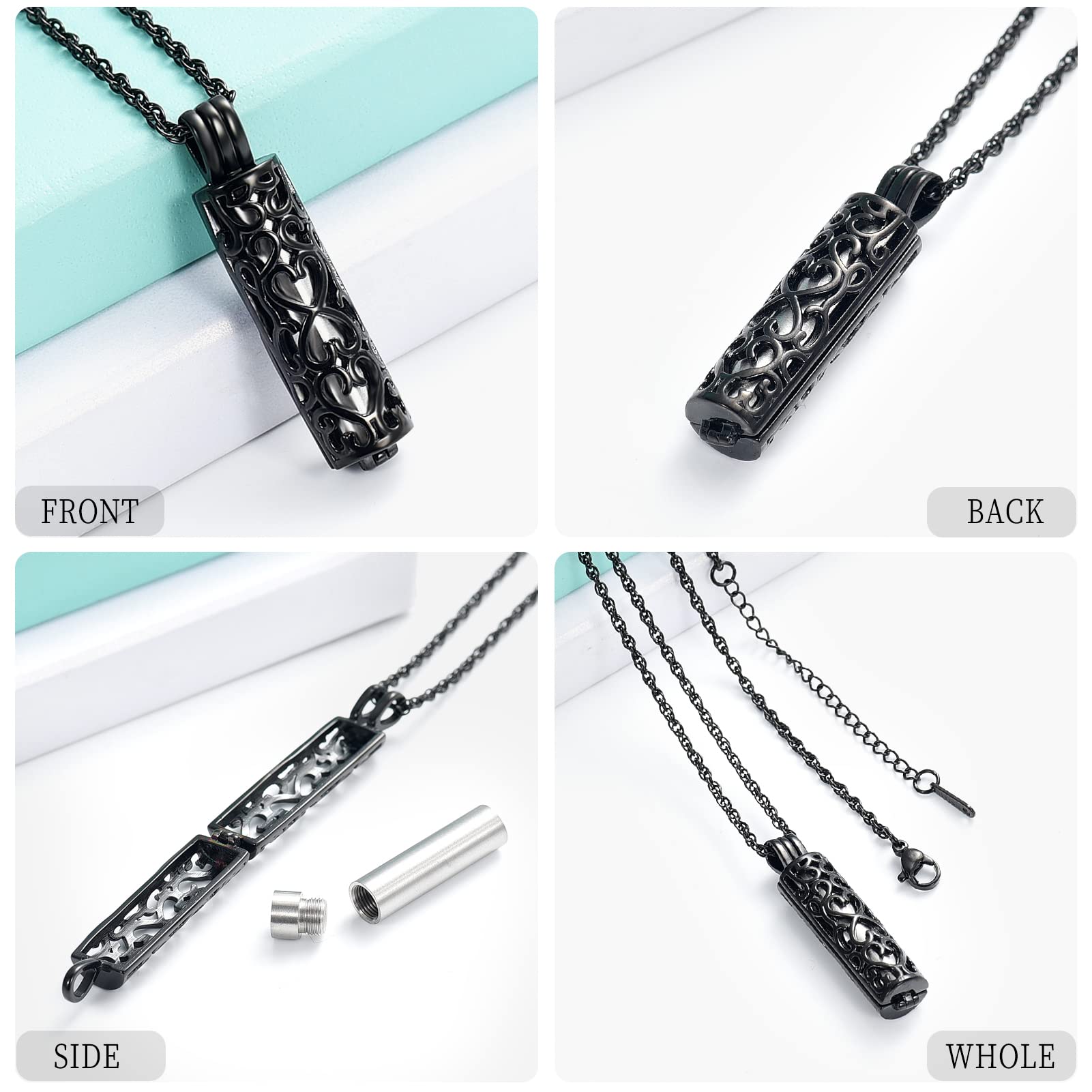 shajwo Cylinder Urn Necklace for Ashes for Women Men Cremation Jewelry Keepsake Memorial Human Pet Ashes Pendant,Black+Silver