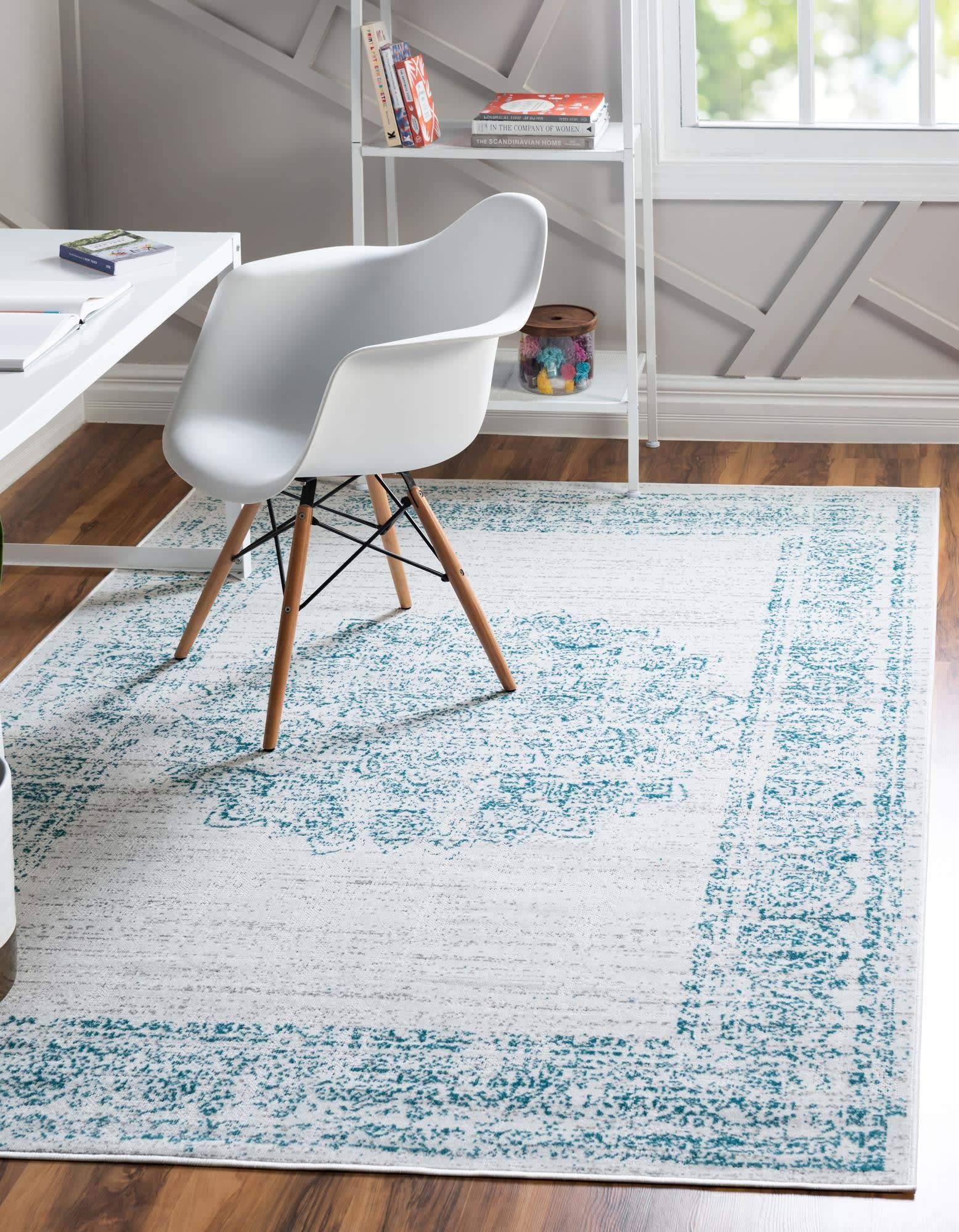 Unique Loom Aarhus Collection Vintage Border Area Rug_AAR003, 5 ft x 7 ft 9 in, Cream/Teal