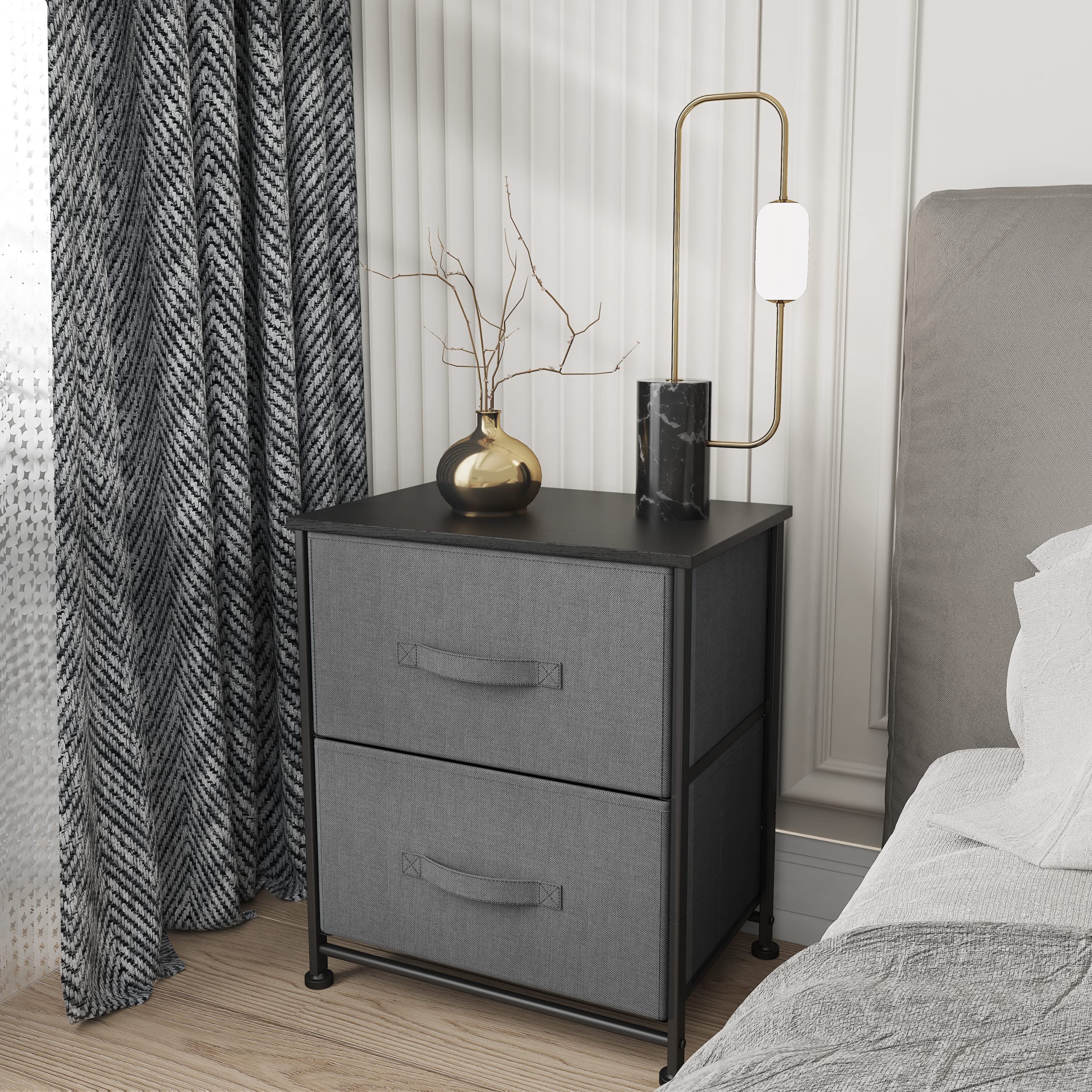 Sehloran 2 Storage Dresser End/Side Table Night Stand, Small Dresser Organizers Unit, Drawer Dresser for Bedroom, Living Room, Closet, Easy Pull Removable Fabric Bins, Wood Top, Gray
