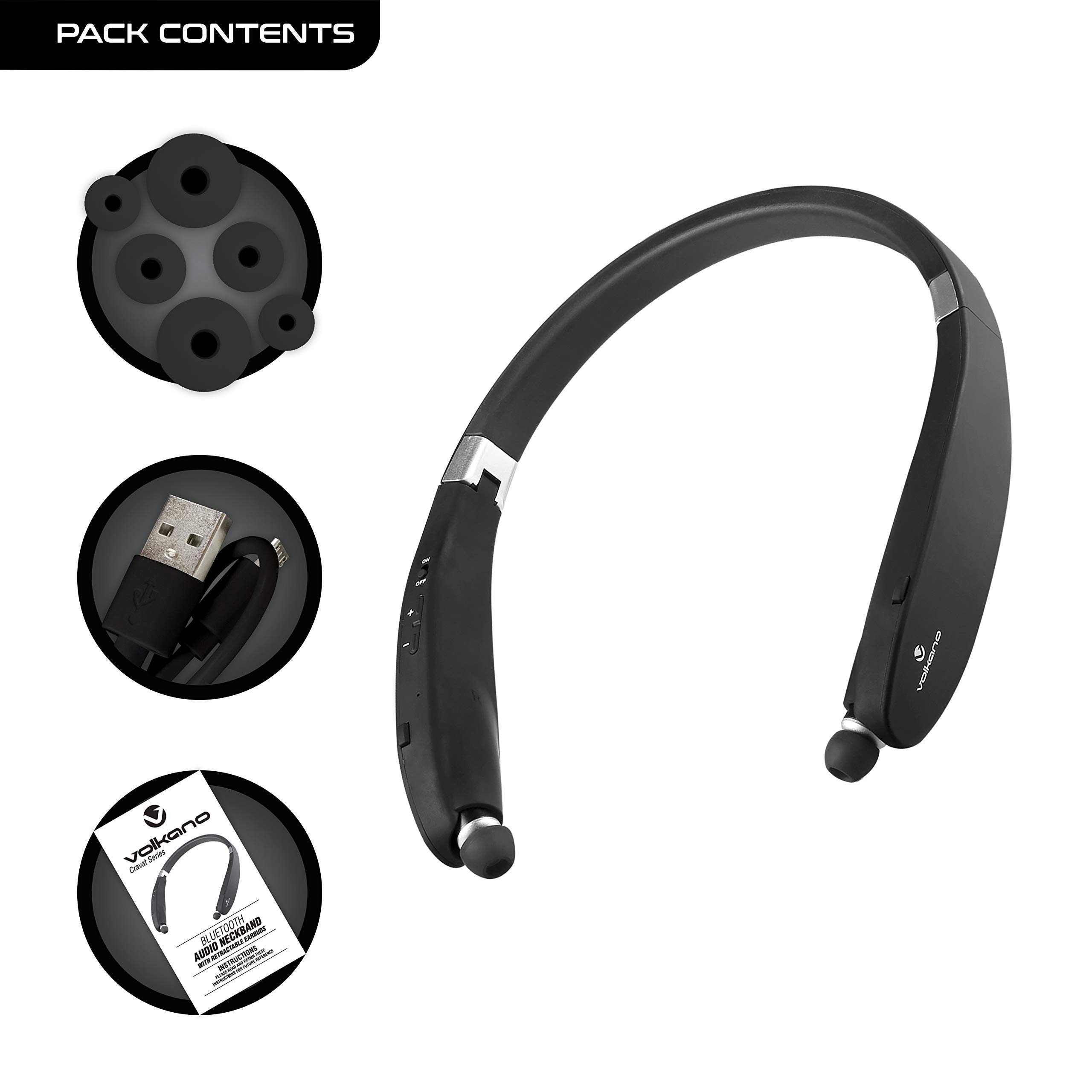 Volkano Retractable Bluetooth Neckband Earphones, Hands-Free Calling, Integrated Controls with Built-in Microphone for Clear Calls, Long Playtime, Lightweight Wireless Headset [Black] - Cravat Series