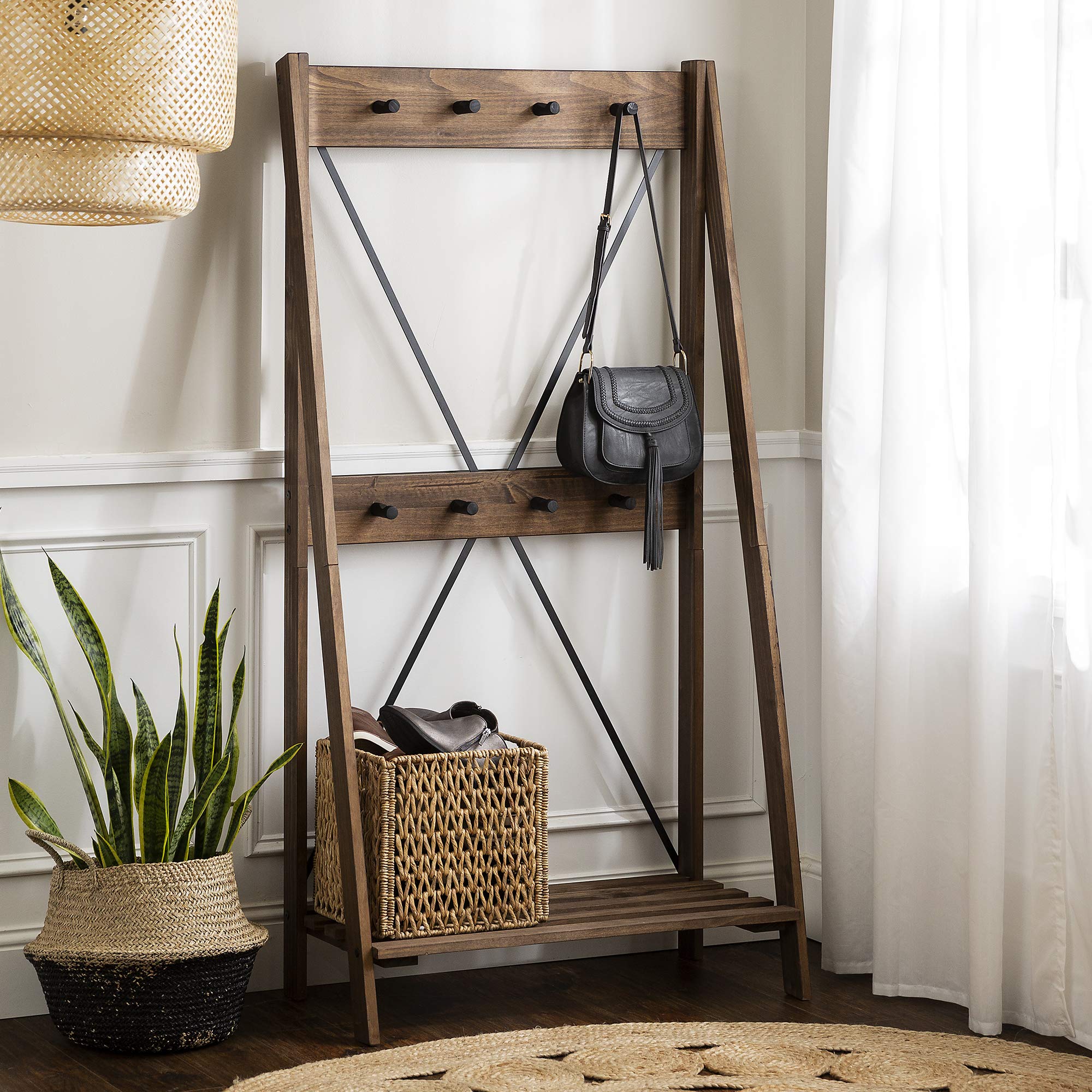 Walker Edison X Back Farmhouse Entryway Bench Hall Tree Coat Rack Shoe Storage Shelf Mudroom Hallway Organizer, 68 Inch, Grey