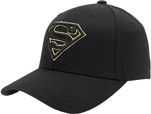 Superman Logo Flexfit Stretch-Fit Fitted Baseball Cap Hat (Medium~Large, Black/Gold Line)