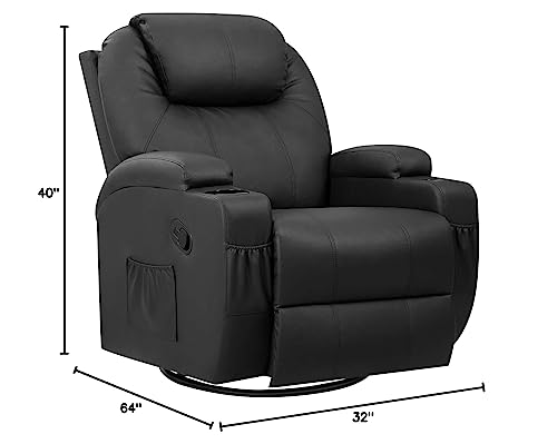YESHOMY 360°Swivel Rocker Recliner with Massage and Heating Functions, PU Leather Sofa Chair with Remote Control and Two Cup Holders, Suitable for Living Room, Black