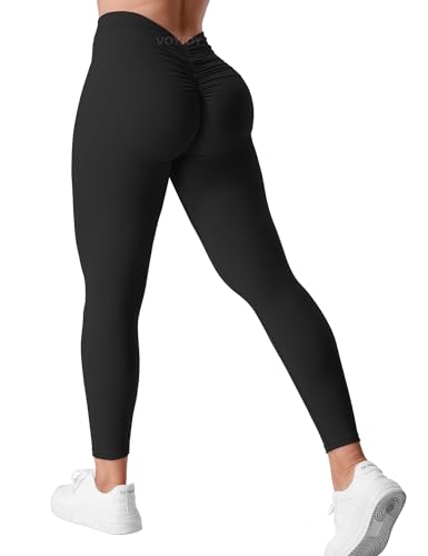 VOYJOY V-Back Scrunch Butt Leggings Workout Gym Lifting Leggings Gym Leggings Booty Tights Deep Black
