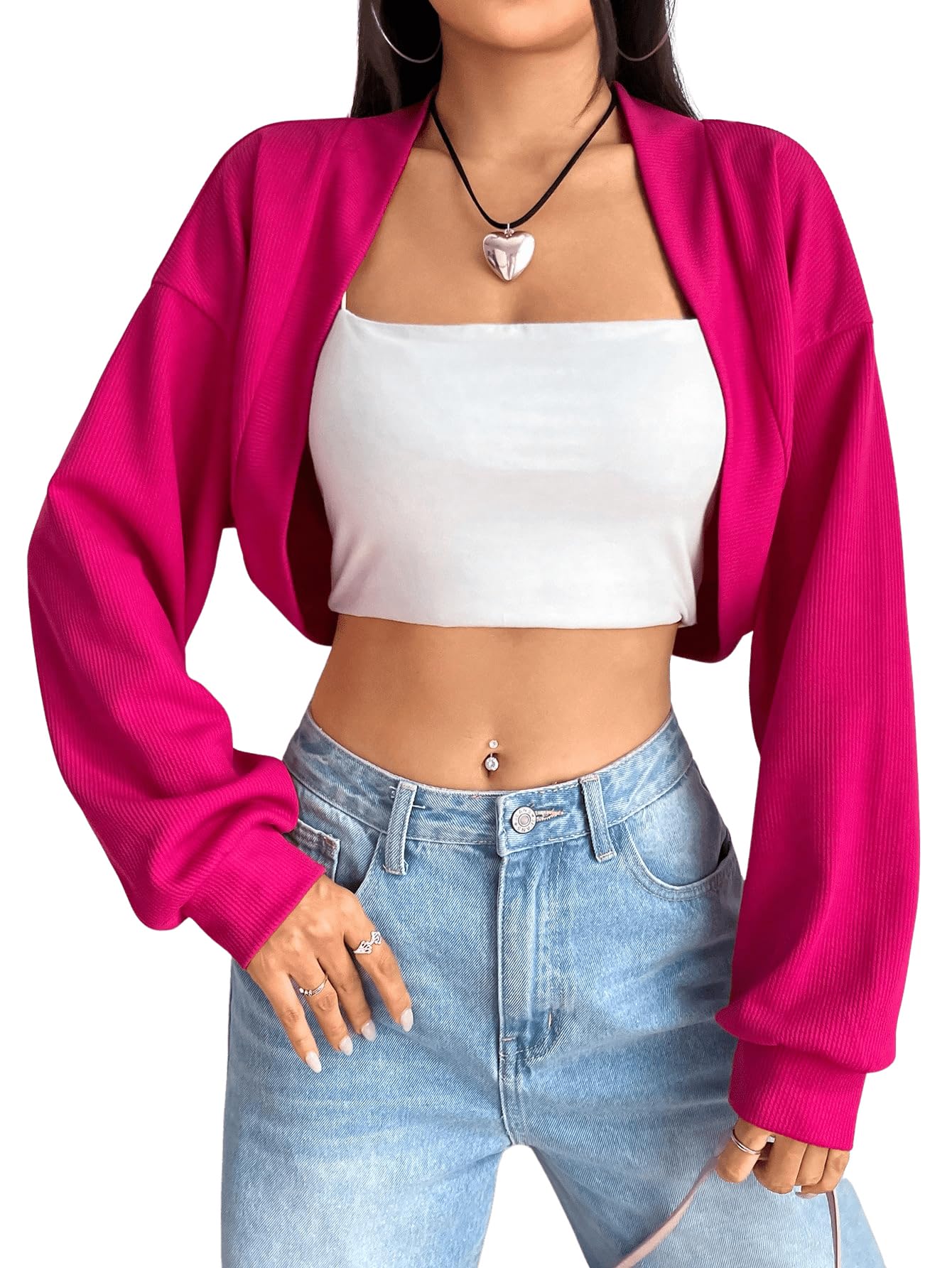 SweatyRocks Women's Casual Long Sleeve Ribbed Knit Top Open Front Cropped Cardigan Sweater Hot Pink M