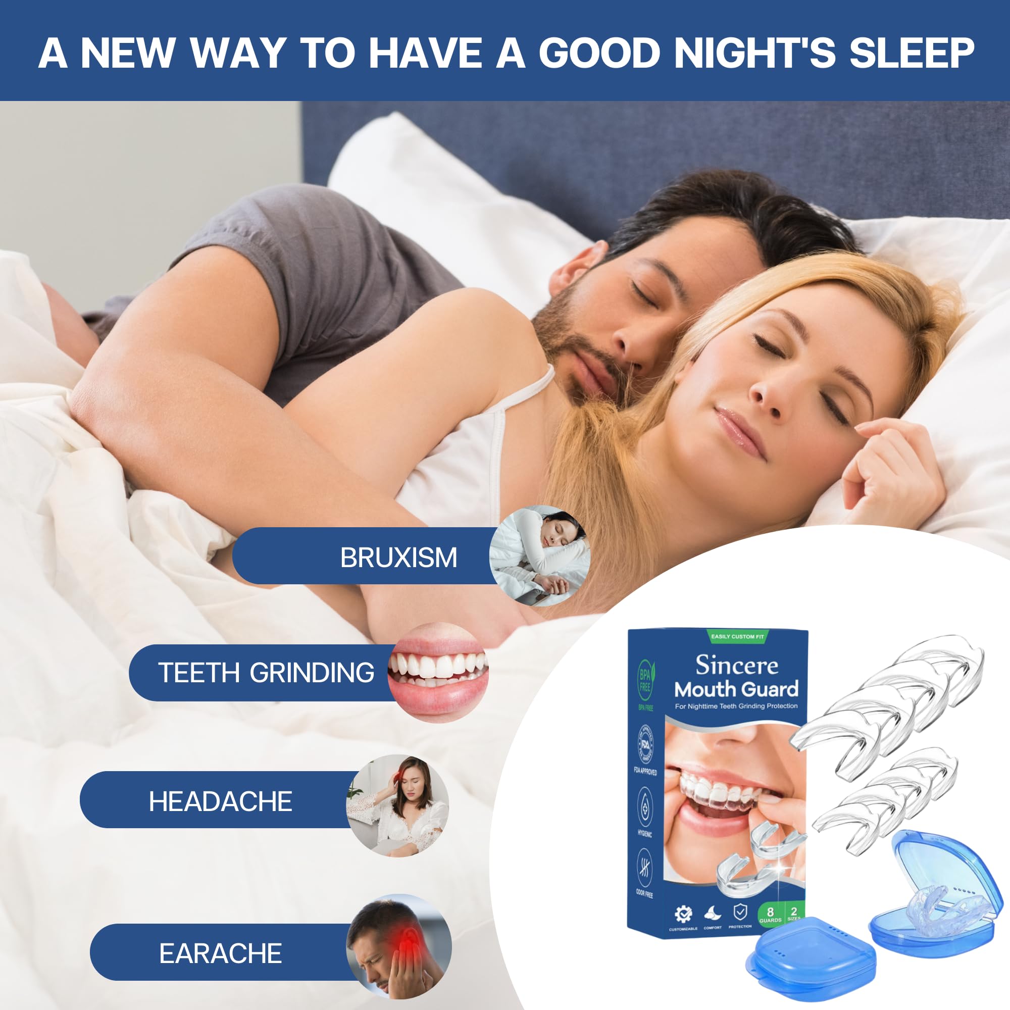 Sincere Moldable Mouth Guard for Teeth grinding & clenching at Night, Dental Night Guard, Bite Guard for Teeth Clenching Nighttime, Teeth protection for Sleep, 2 Sizes, Pack of 8 with 2 Travel Cases