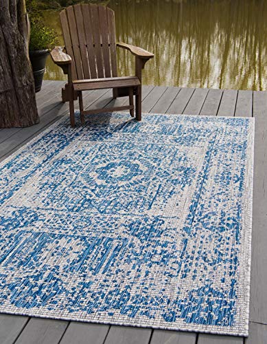 Unique Loom Outdoor Traditional Collection Area Rug - Timeworn (9' x 12' Rectangle, Blue/ Gray)