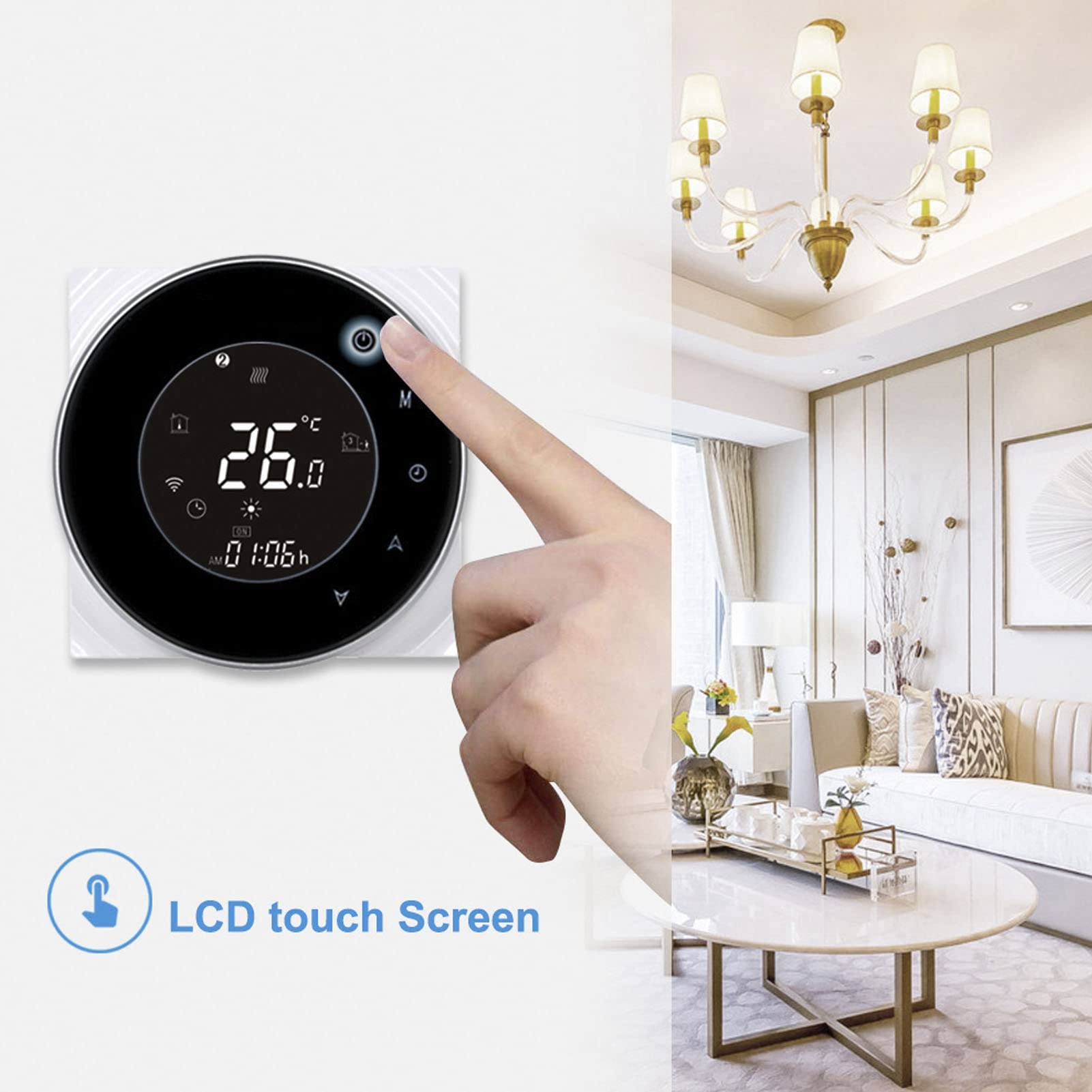 Smart Floor Heat Thermostat, WiFi Voice Phone Control LCD Touch Screen Thermostat for Electric Heating Systems 95β240VAC