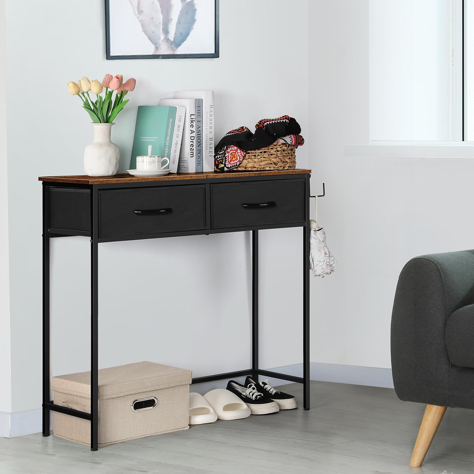 YBING Small Entryway Table, Narrow Console Table with Drawers, Sofa Table with Hook, Narrow Hallway Table for Living Room, Bedroom, Couch, Foyer, Industrial, Brown and Black