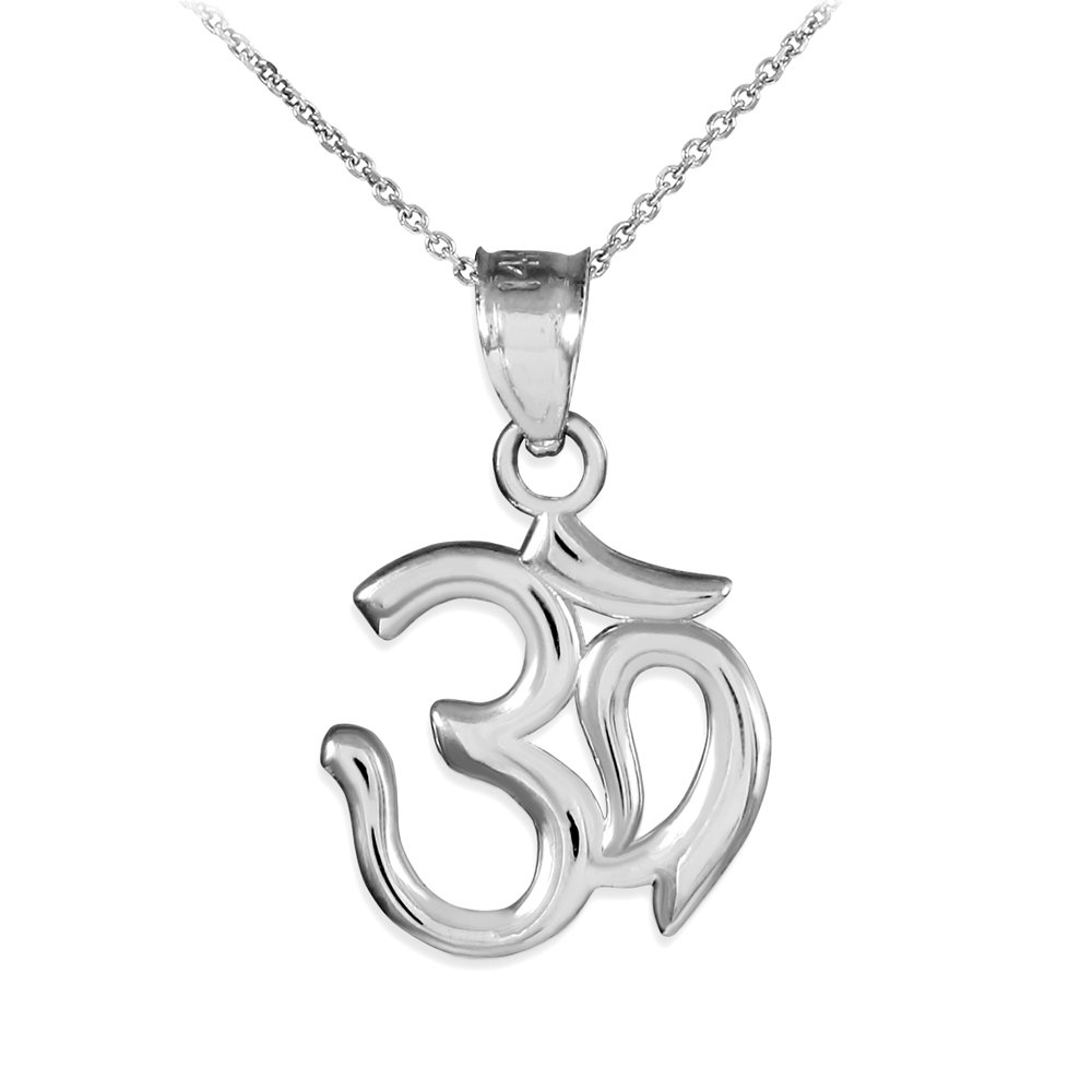Sideways Crosses 10k White Gold Hindu Meditation Charm Yoga Om (Aum) Pendant Necklace, 18"
