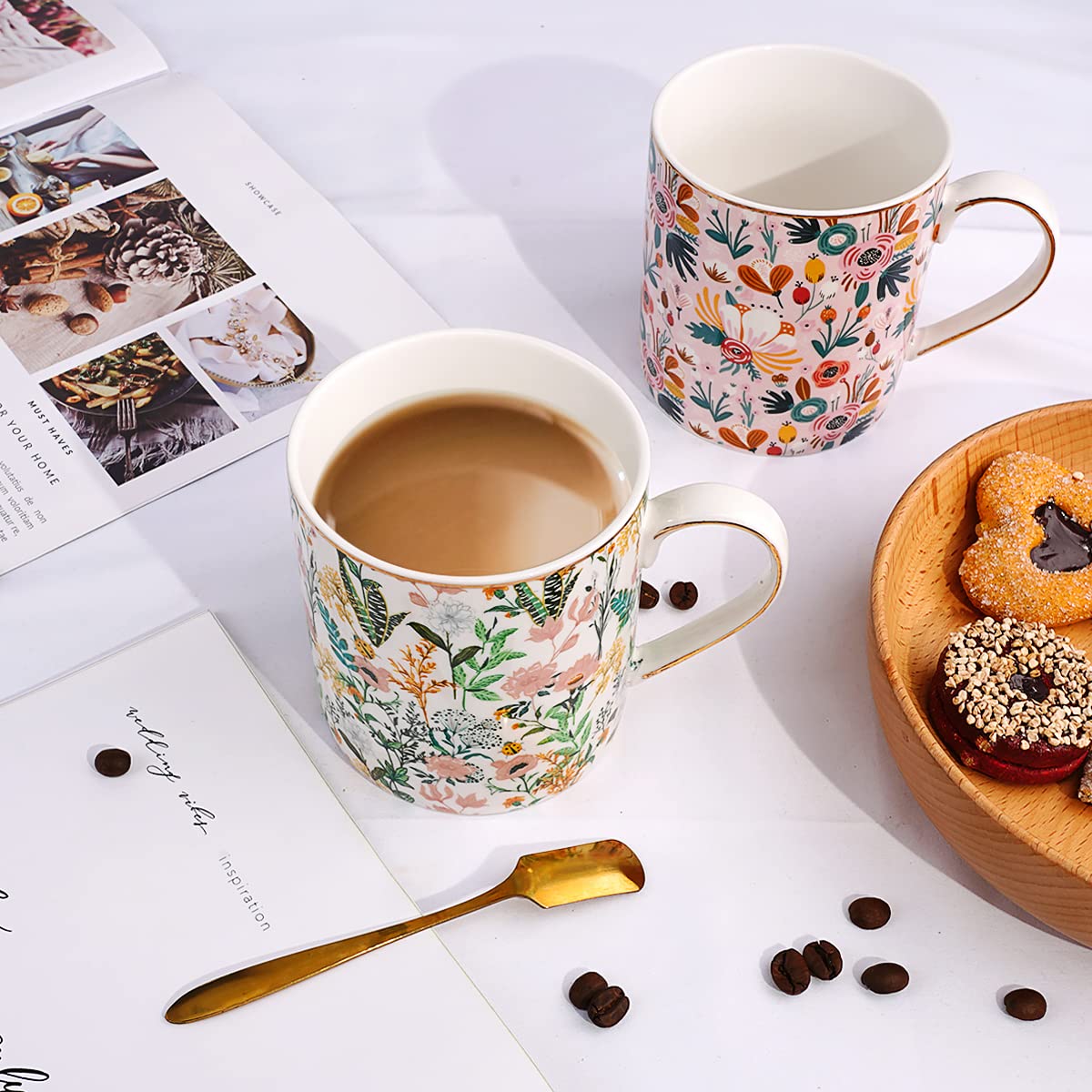 WAVEYU Ceramic Mug for Women Mom, Cute Coffee Water Mug Cup for Mother's Day from Daughter Son for Home Office, Decorative Coffee Tea Cup for Girls Teachers Colleagues, 14 oz, White Flower
