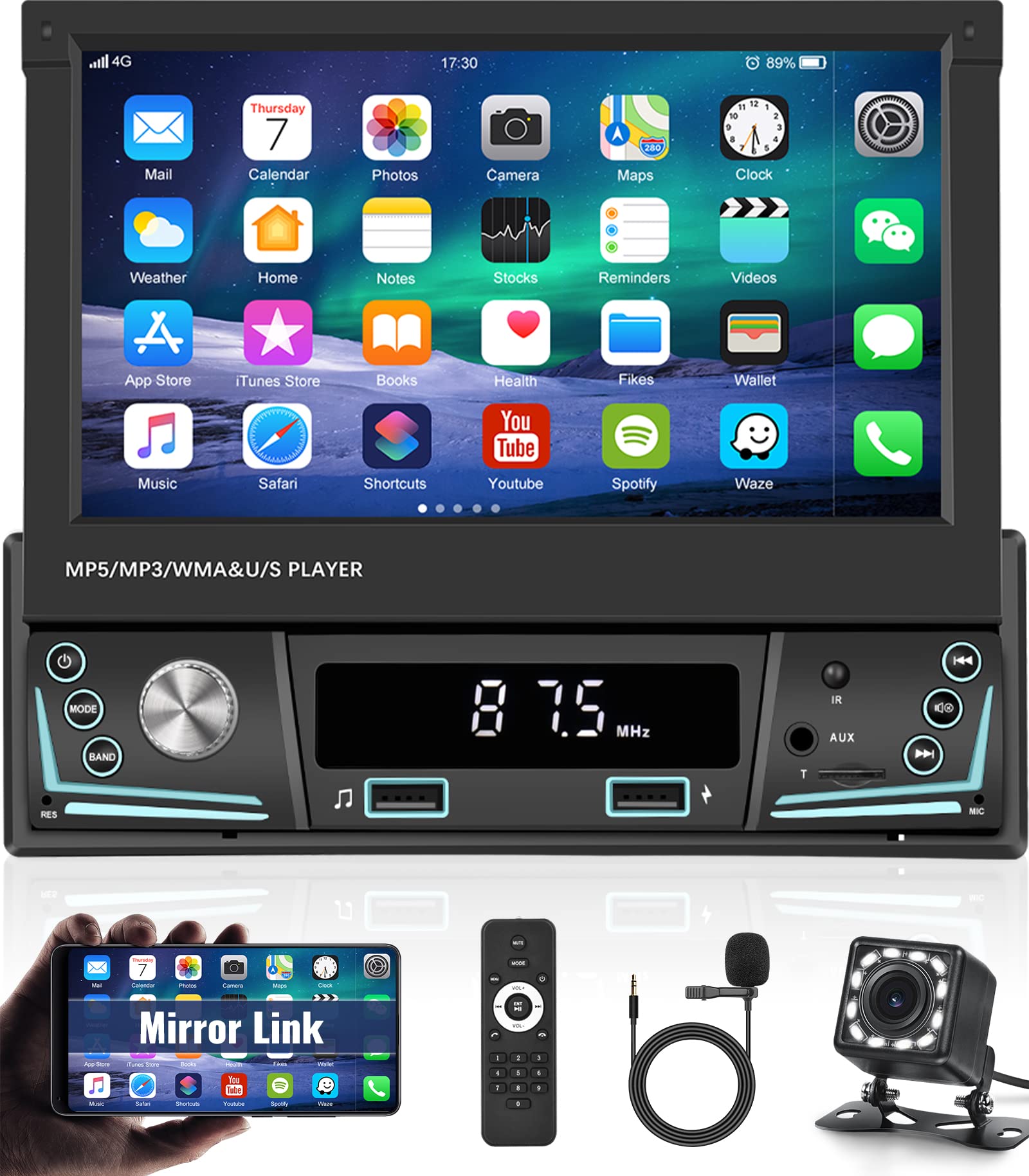 UNITOPSCI Single Din Car Stereo Radio 7 Inch Flip Out Touch Screen Bluetooth Radio FM Car MP5 Player Mirror Link AUX/TF Card Input/Dual USB/Fast Charge SWC EQ with Backup Camera Remote Control Mic