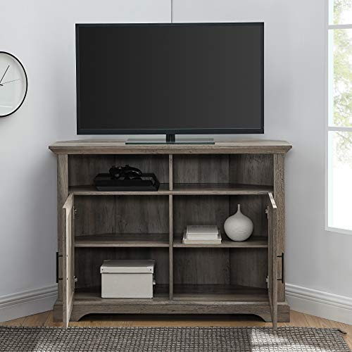 Walker Edison Laredo Modern Farmhouse Double Grooved Door Corner TV Stand for TVs up to 50 Inches, 44 Inch, Grey