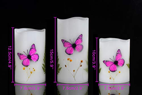 UNIVELA Candles Set of 3 Flameless 4" 5" 6" Unscented Tealight Butterfly Flower Plants Decor Real Wax Pillar Candle LED Lights 12 Color Changing 4H 8H Timer Remote Control AAA Batteries Operated