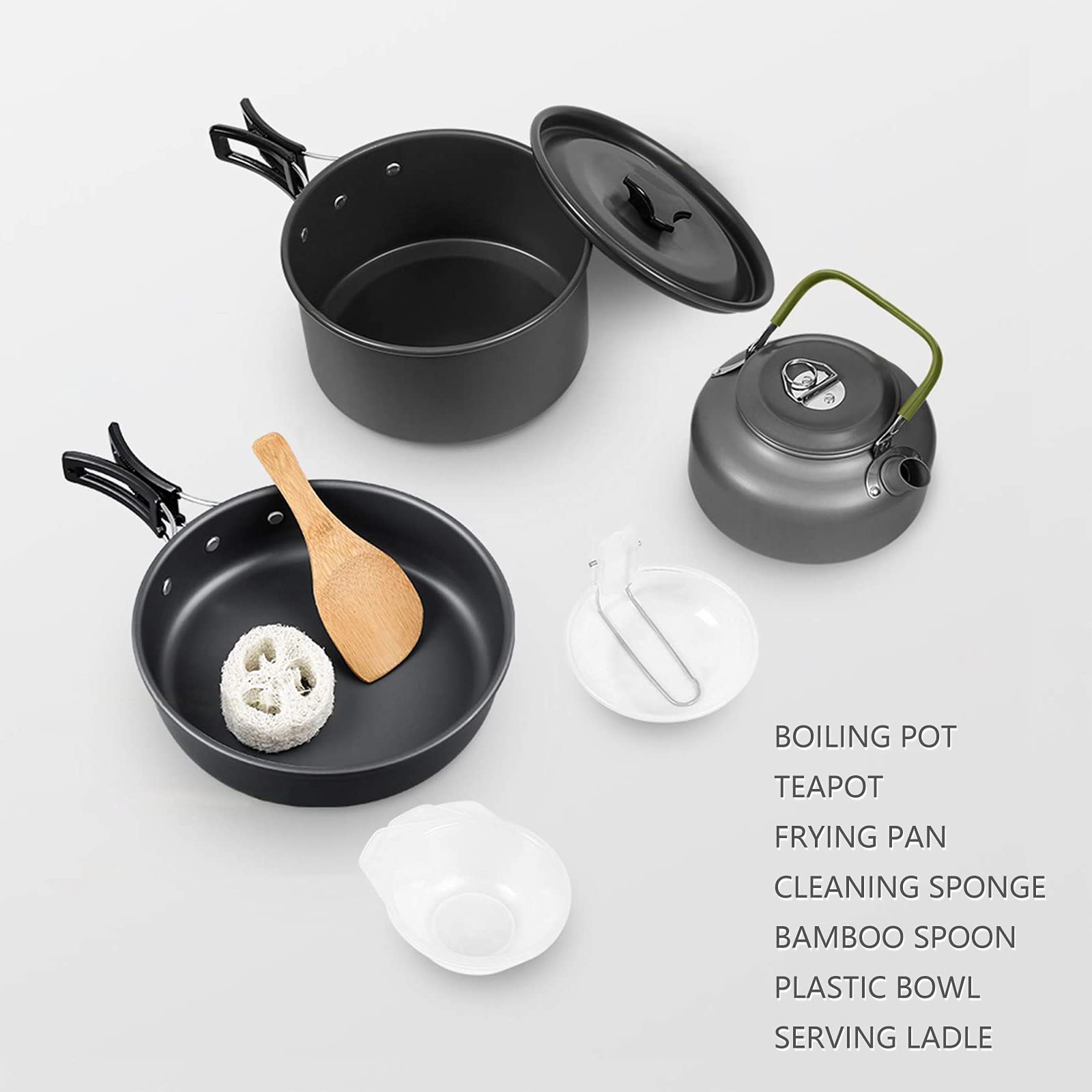 Swiftrans Aluminum Outdoor Camping Cookware Set, Folding Cookset Camping Teapot and Pans Set Equipment,Lightweight Pots, Pans with Mesh Set Bag for Backpacking, Hiking, Picnic