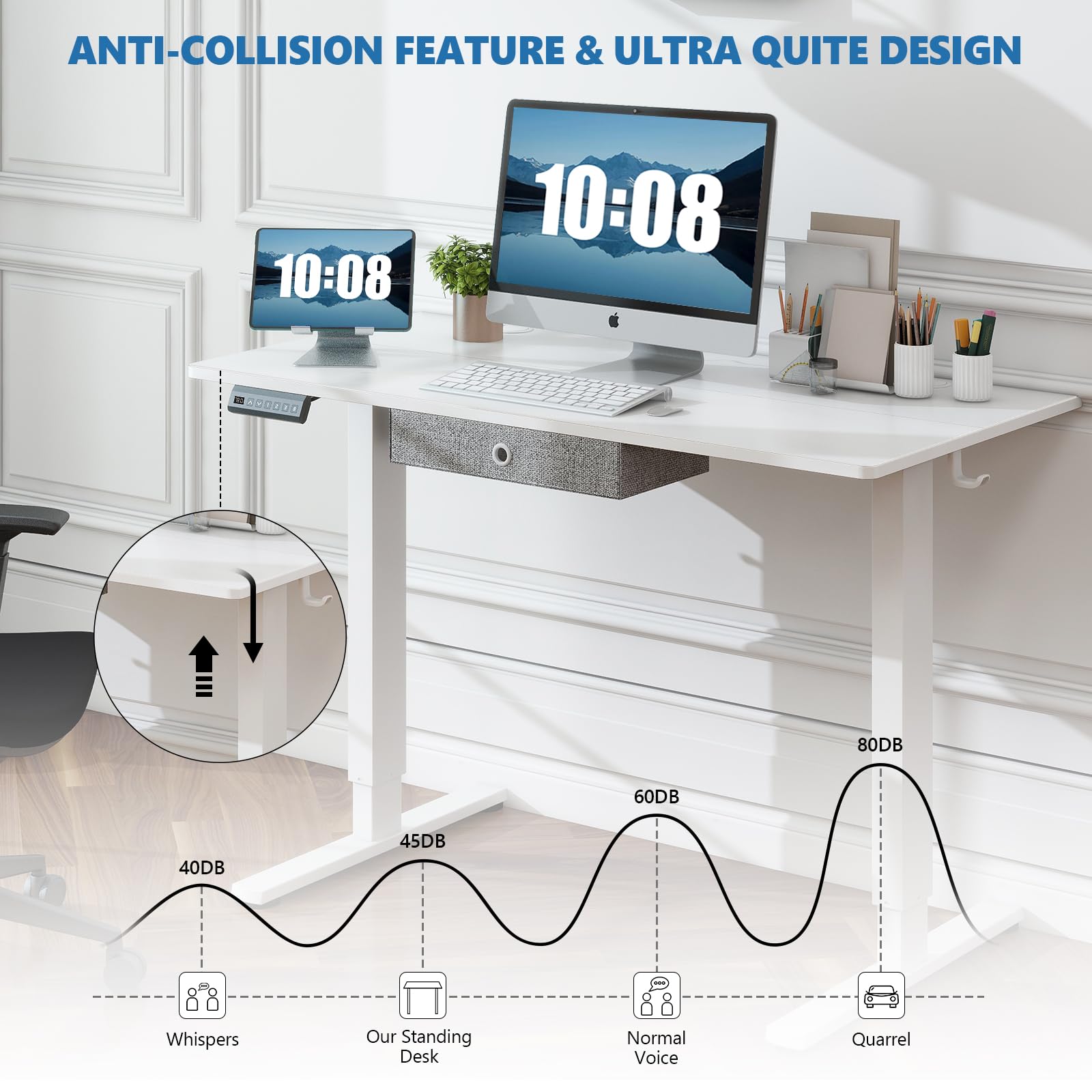 Sweetcrispy Electric Adjustable Height Desk Rising Office Computer Sit to Stand Up Table with Splice Board, 2 Hook and Wire Hole for Home Work, 48IN x 24IN, White with Single Drawer