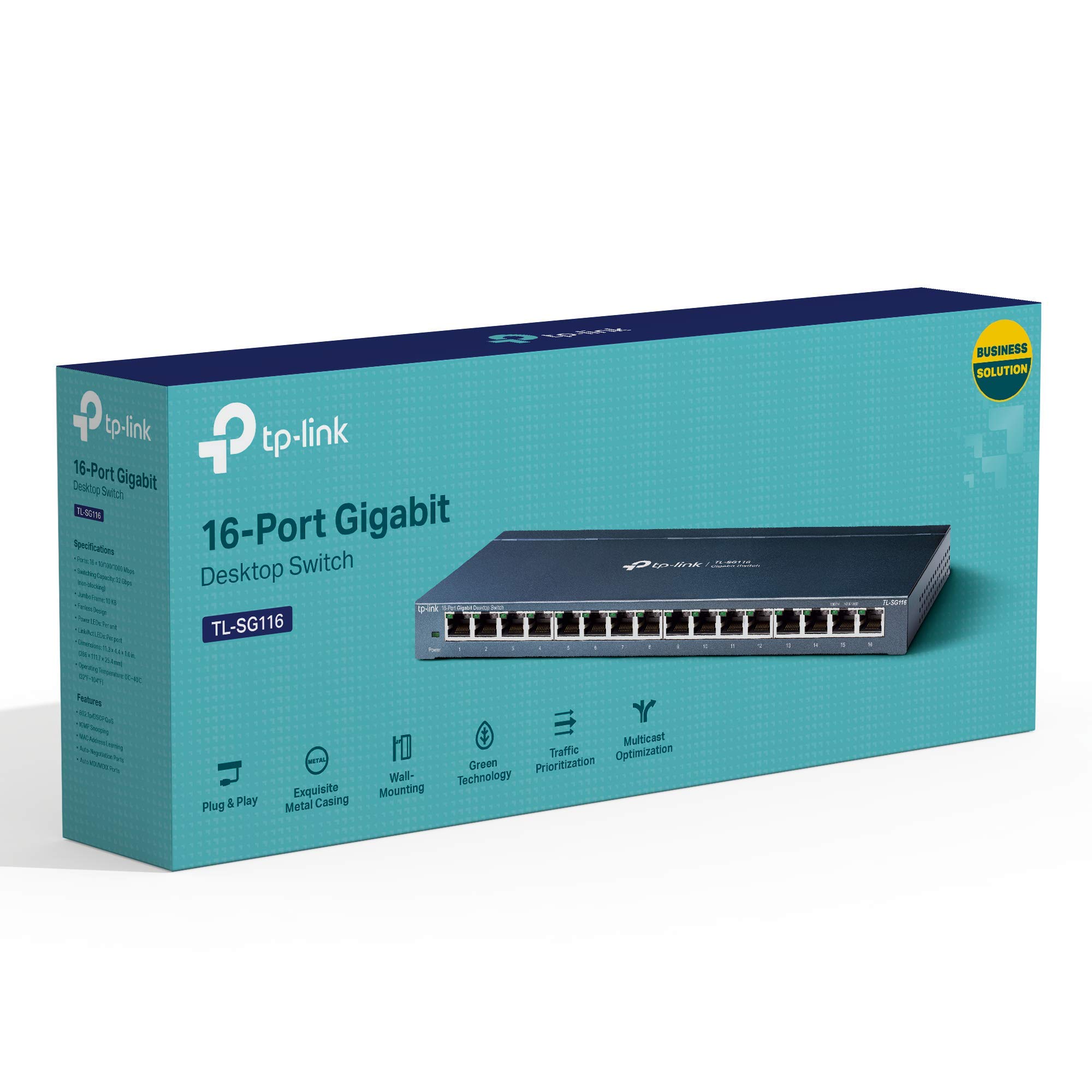 TP-Link 16 Port Gigabit Ethernet Network Switch | Desktop/ Wall-Mount | Lifetime Protection | Fanless | Sturdy Metal w/ Shielded Ports | Traffic Optimization | Unmanaged (TL-SG116) (Renewed)