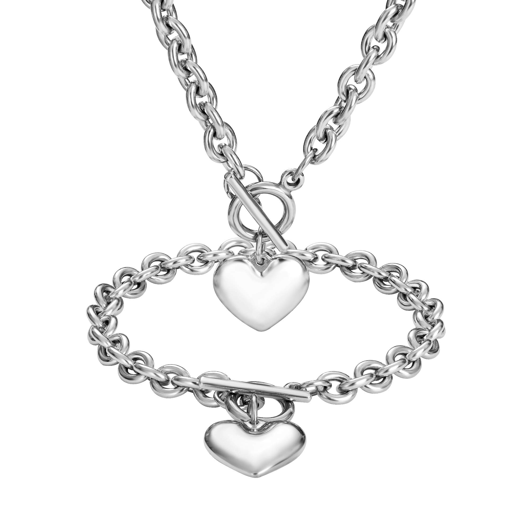 W/W Lifetime Heart Chain Necklace + Heart Bracelet for Women Hearts Pendant Toggle Charm Jewelry Set Stainless Steel