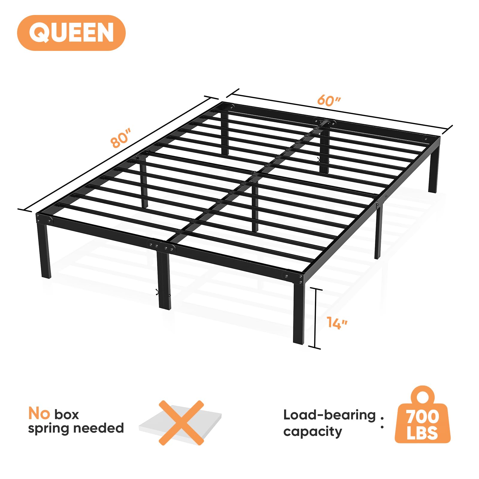 Sweetcrispy Queen Bed Frame - Metal Platform Bed Frames Queen Size with Storage Space Under Frame, Heavy Duty, 14 Inches, Sturdy Steel Slat Support, No Box Spring Needed