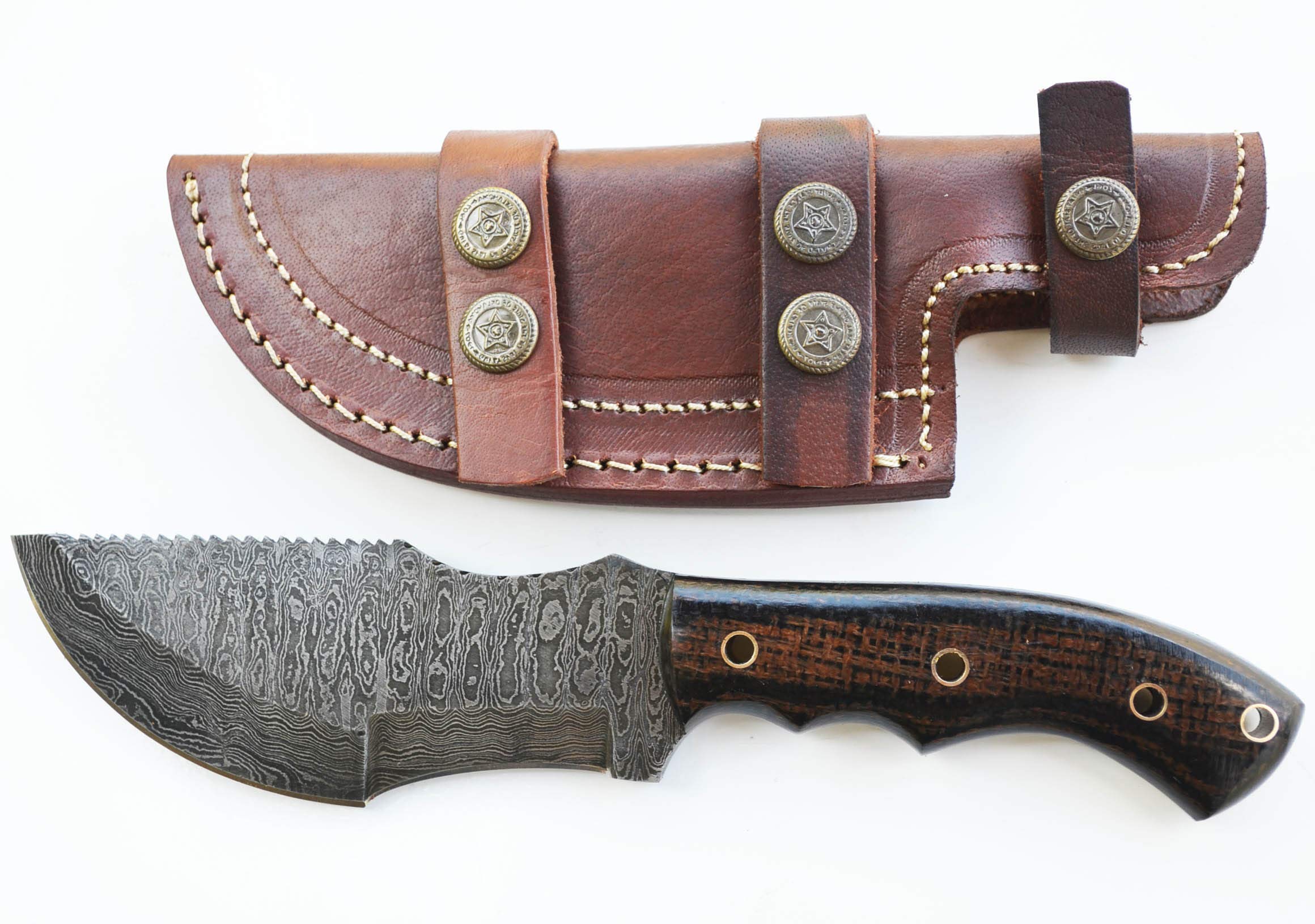 Whole Earth Supply Ladder Damascus Tracker Knife Hunting Knives Black & Brown Micarta +Sheath