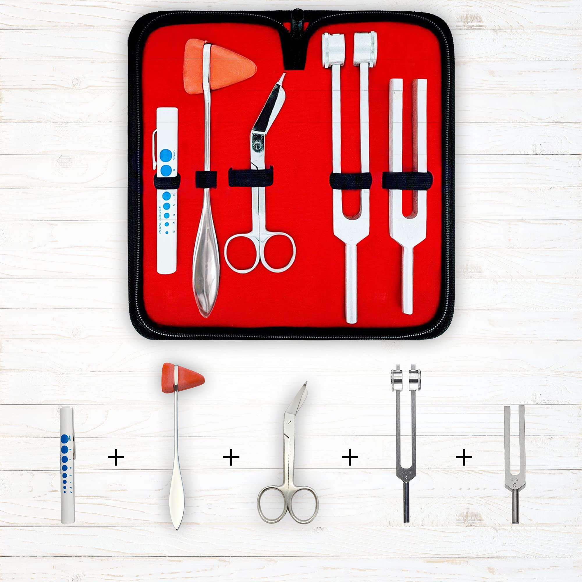 SurgicalOnline Percussion Taylor Reflex Hammer + C 128 & C 512 Tuning Forks + Bandage Scissors + Pupil Gauge Pen Light in Carrying Case - 6-Piece Set (Silver)