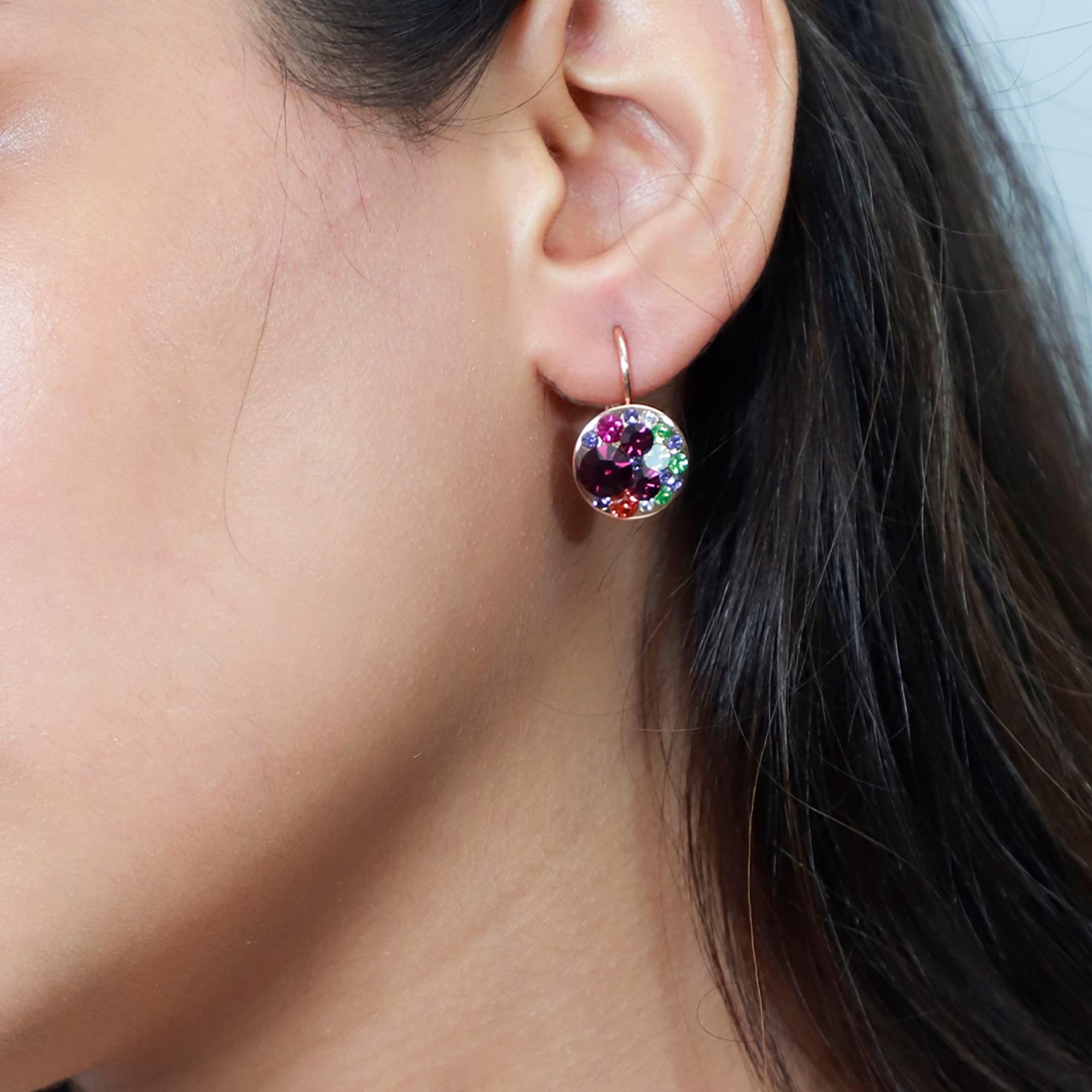 UPSERA Leverback Earrings for Women β Elegant Austrian Crystal Earrings β Colorful Dangle Hoop Earrings with Rose Gold Plated Base β Premium Materials β Beautiful Craftsmanship, Purple Crystal