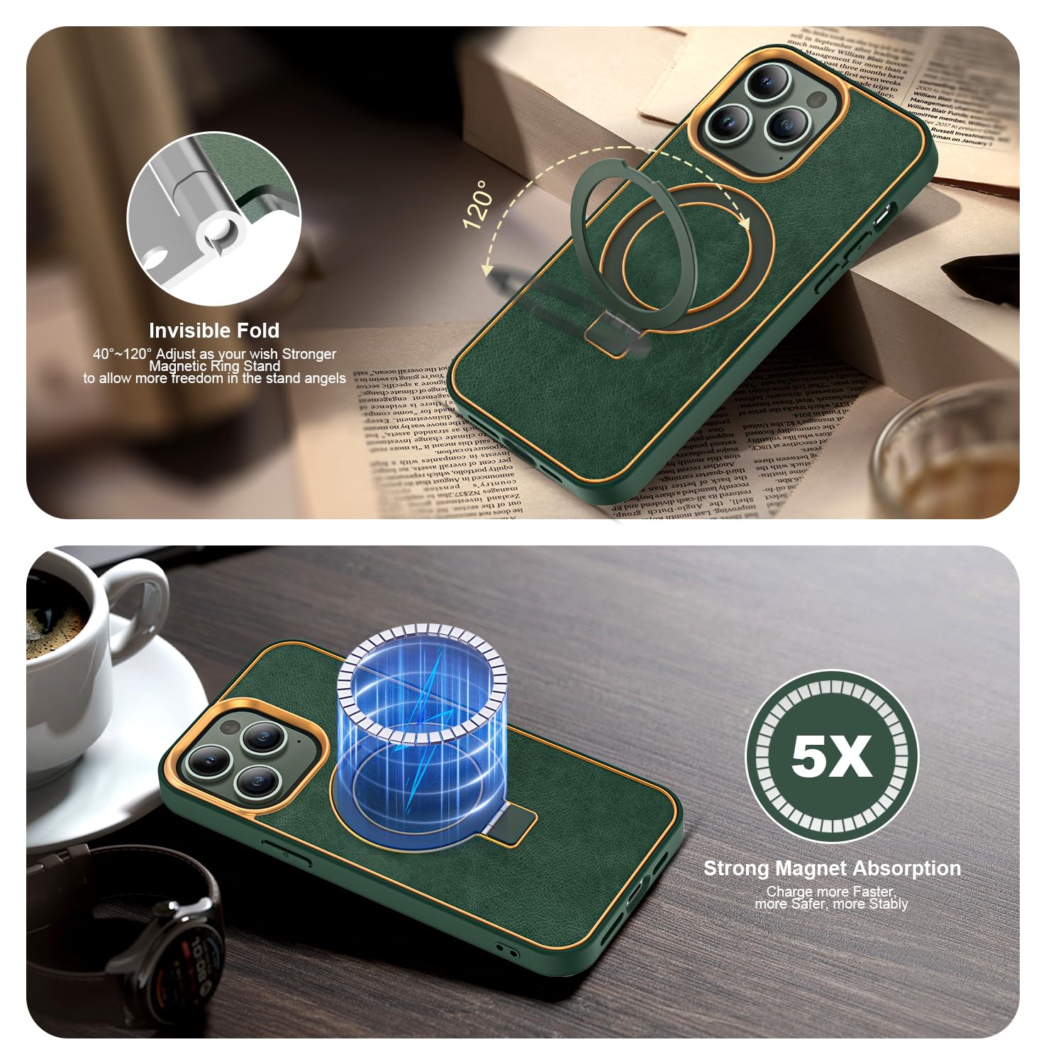 YEMODO for iPhone 14 Pro Case with Magnetic Invisible Ring Stand Leather Business Phone Case Compatible with Magsafe Shockproof Protection Classic Luxury Slim Cover for Women Men,Green