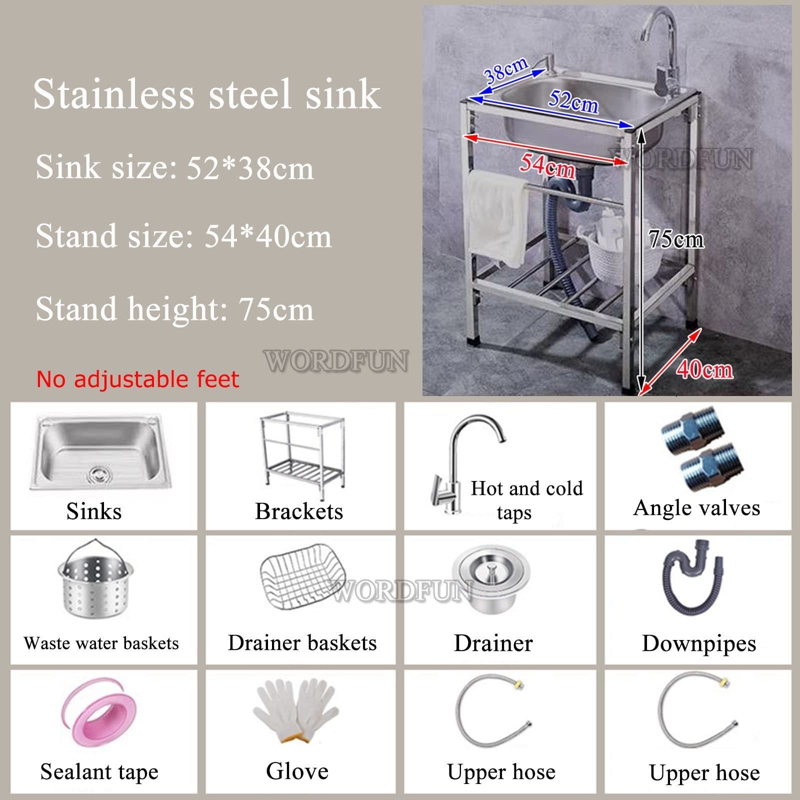WORDFUN Freestanding Stainless Steel Sink, Restaurant Stand Sink, Commercial Kitchen Sink, Industrial Sink, Outdoor Sink Station, Oversized Compartment Sink, Camping Sink