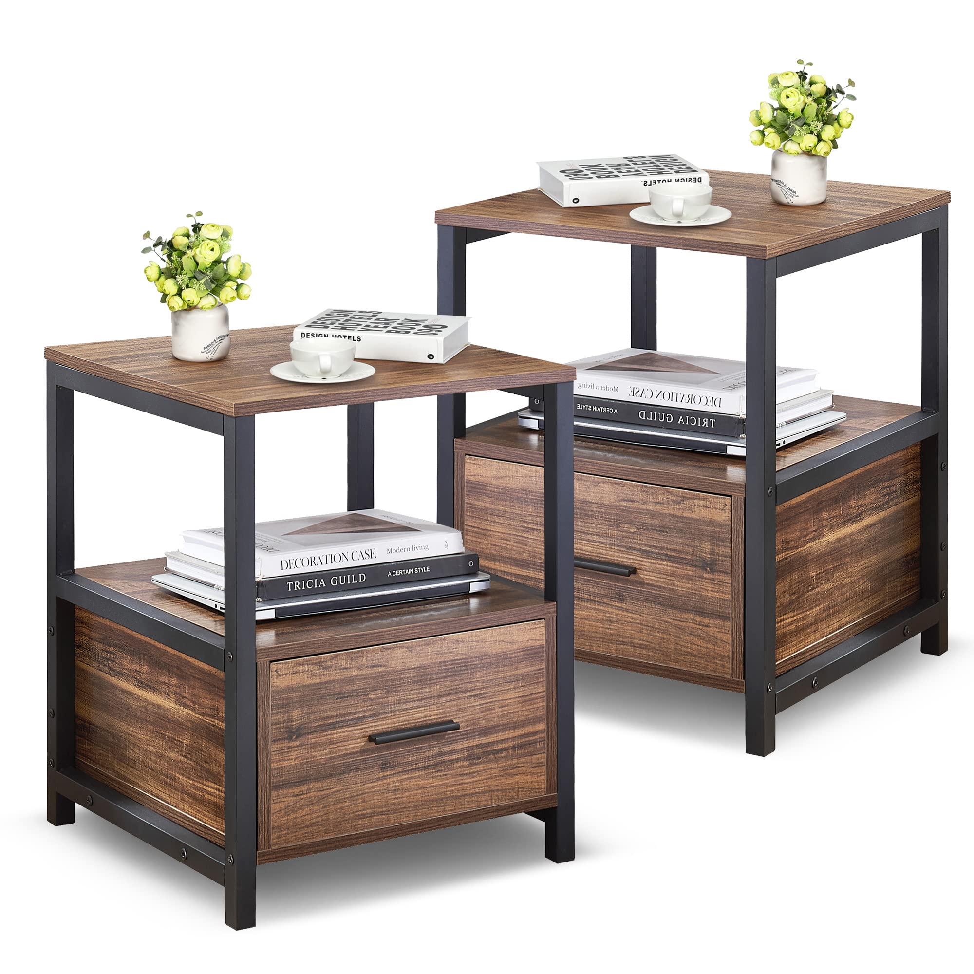 VECELO Nightstand Set of 2, Modern Square Side End Table, Night Stands with Drawer and Storage Shelf for Bedroom, Living Room, Study Metal Frame, 2 Pack, Brown