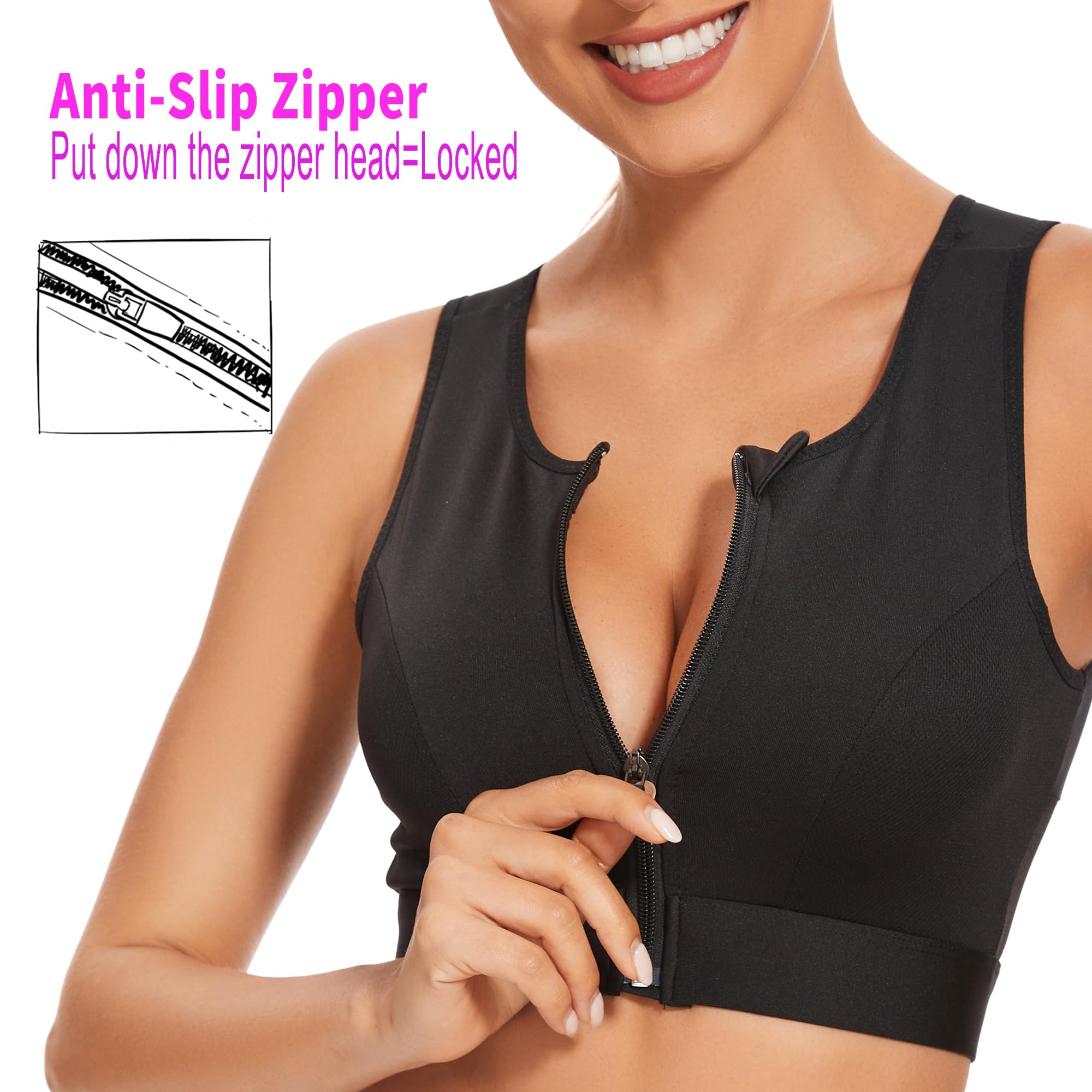 Women's High Impact Support Zip Front Closure Post Surgery Compression Sports Bra Black L