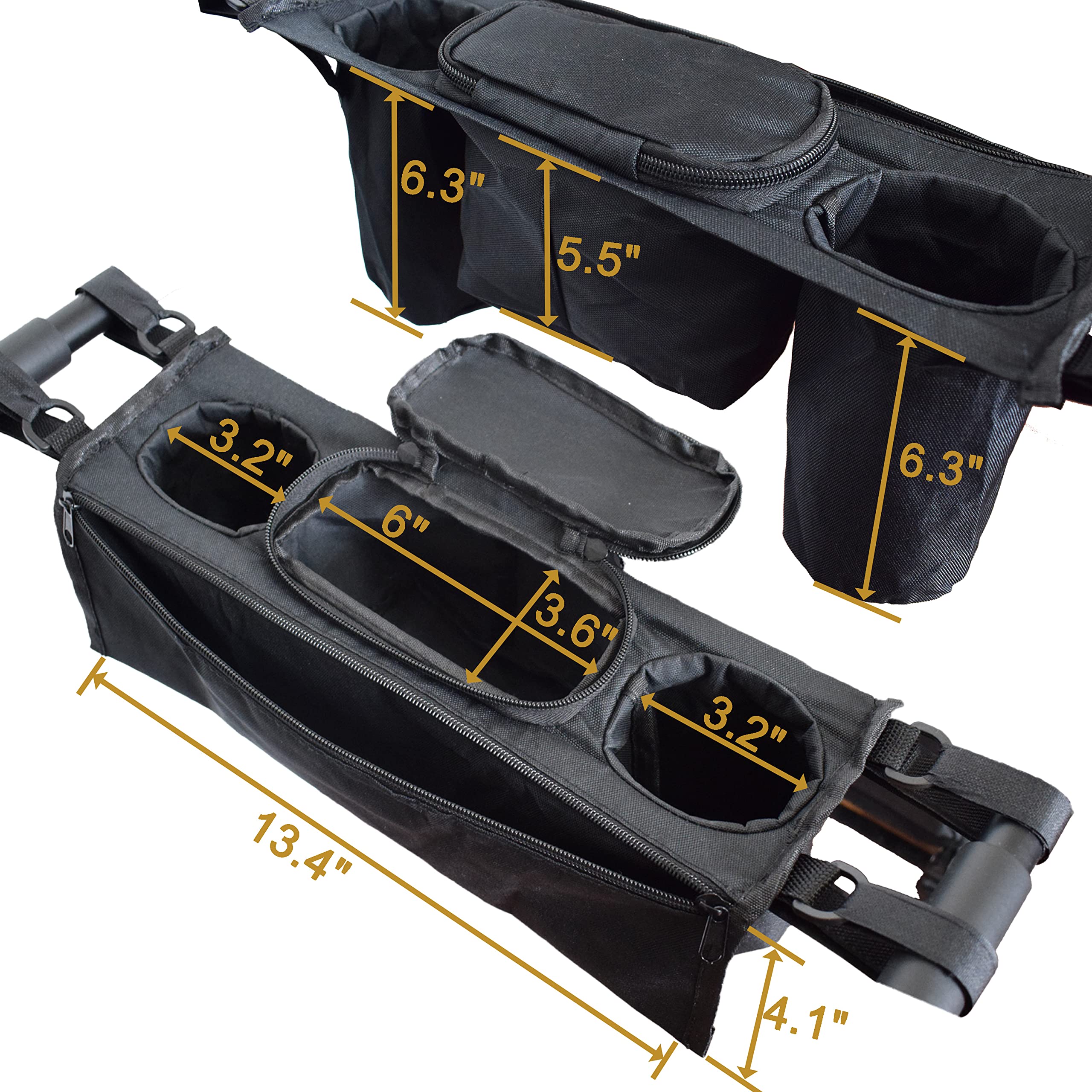 YEEDOIDO Non-Slip Organizer for Wagon, Parent Console Caddy with Cup Holders Universal for Folding Kids Pet Stroller Adjustable Straps Zippered Pockets Storage Phone Bag Attachment Accessories, Black