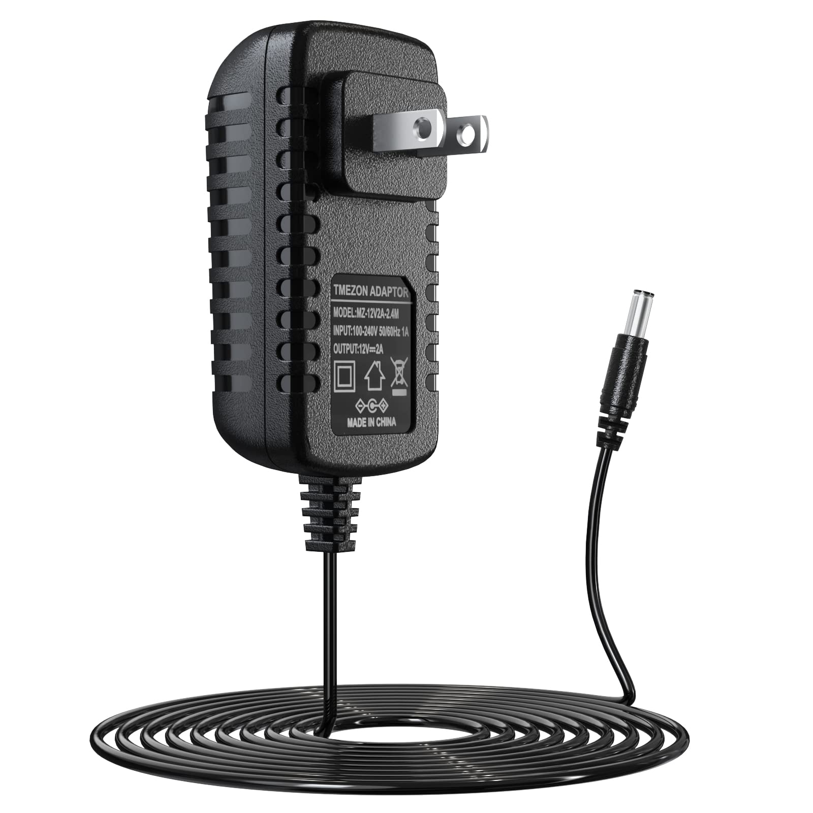 TMEZON 12 Volt 2A Power Adapter Supply AC to DC 2.1mm X 5.5mm Plug 12v 2 Amp Wall Plug Extra Long 8 Foot Cord LED Strip Module Light