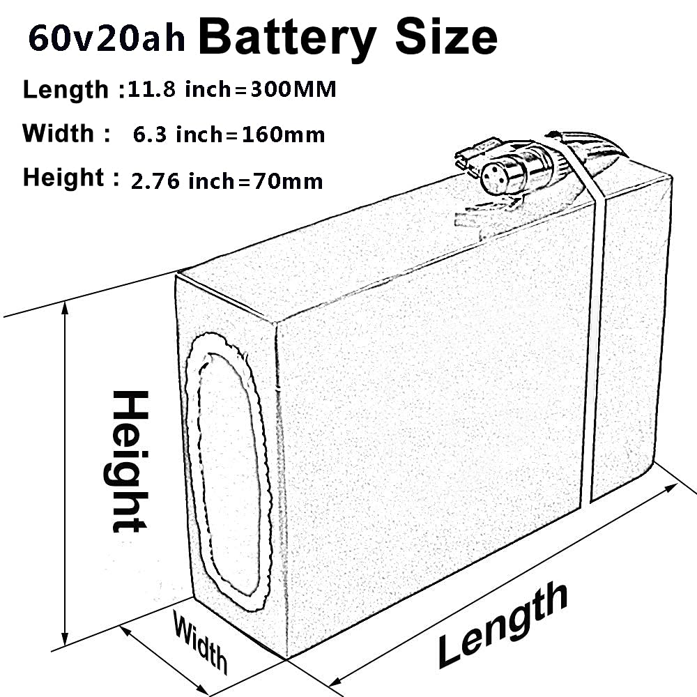 Wallen Power 60V 20AH Ebike Battery, Electric Bicycle Battery for 1800w 1500w 1200w 1000w Bike Motor, Waterproof (PVC) Battery Pack with 40A BMS Protection Board