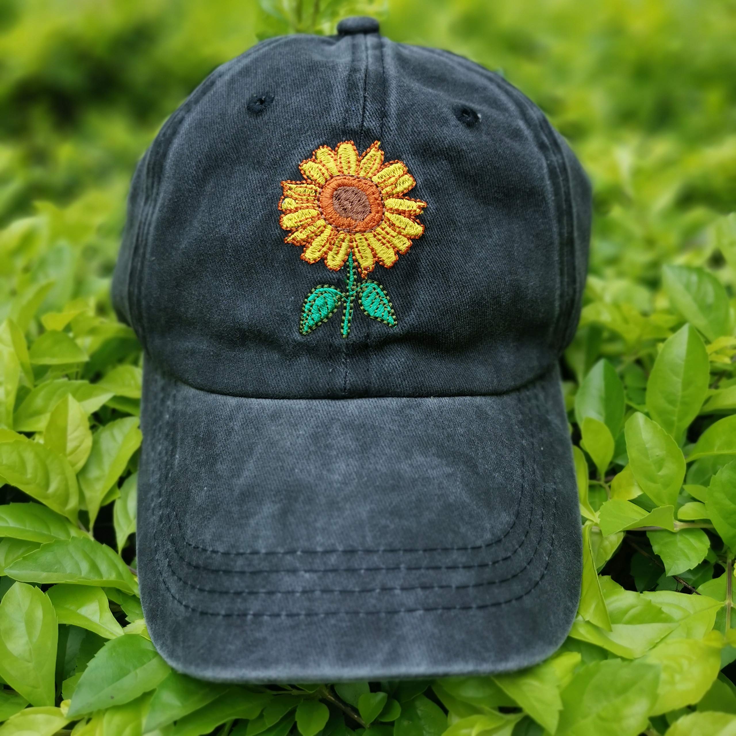 Waldeal Women's Printing Sunflowers Baseball Cap Adjustable Distressed Vintage Dad Hat Black