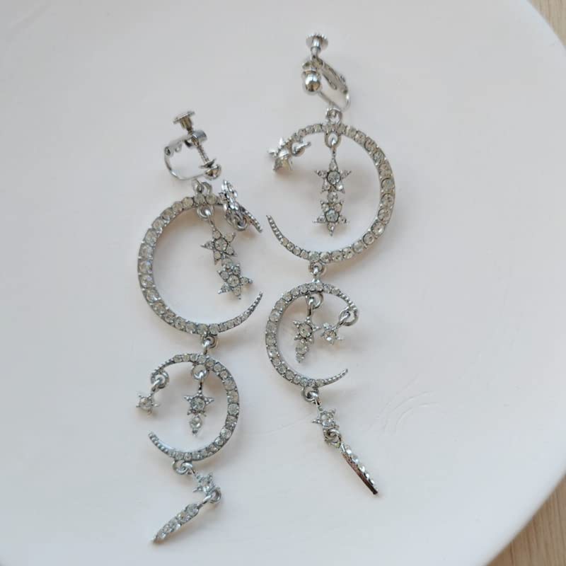 Usresu Clip on Earrings Vintage Star Moon Tassels Dangle Rhinestone Silver-tone Plated
