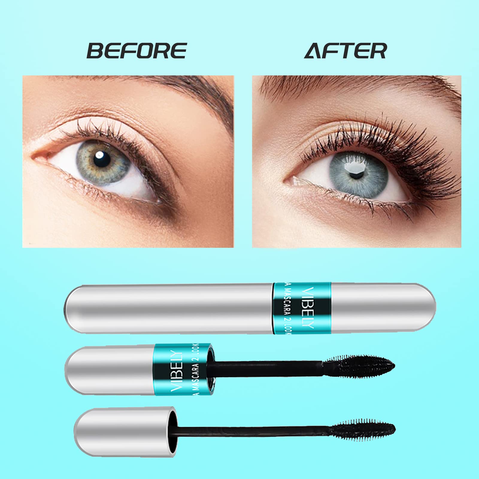 Vibely Mascara 5x Longer Waterproof, 2 in 1 4D Silk Fiber Lash Mascara, Lash Cosmetics Vibely Mascara 5x Longer Washable, Long-lasting Thrive Black Mascara for Natural Lengthening and Thickening (3pcs)
