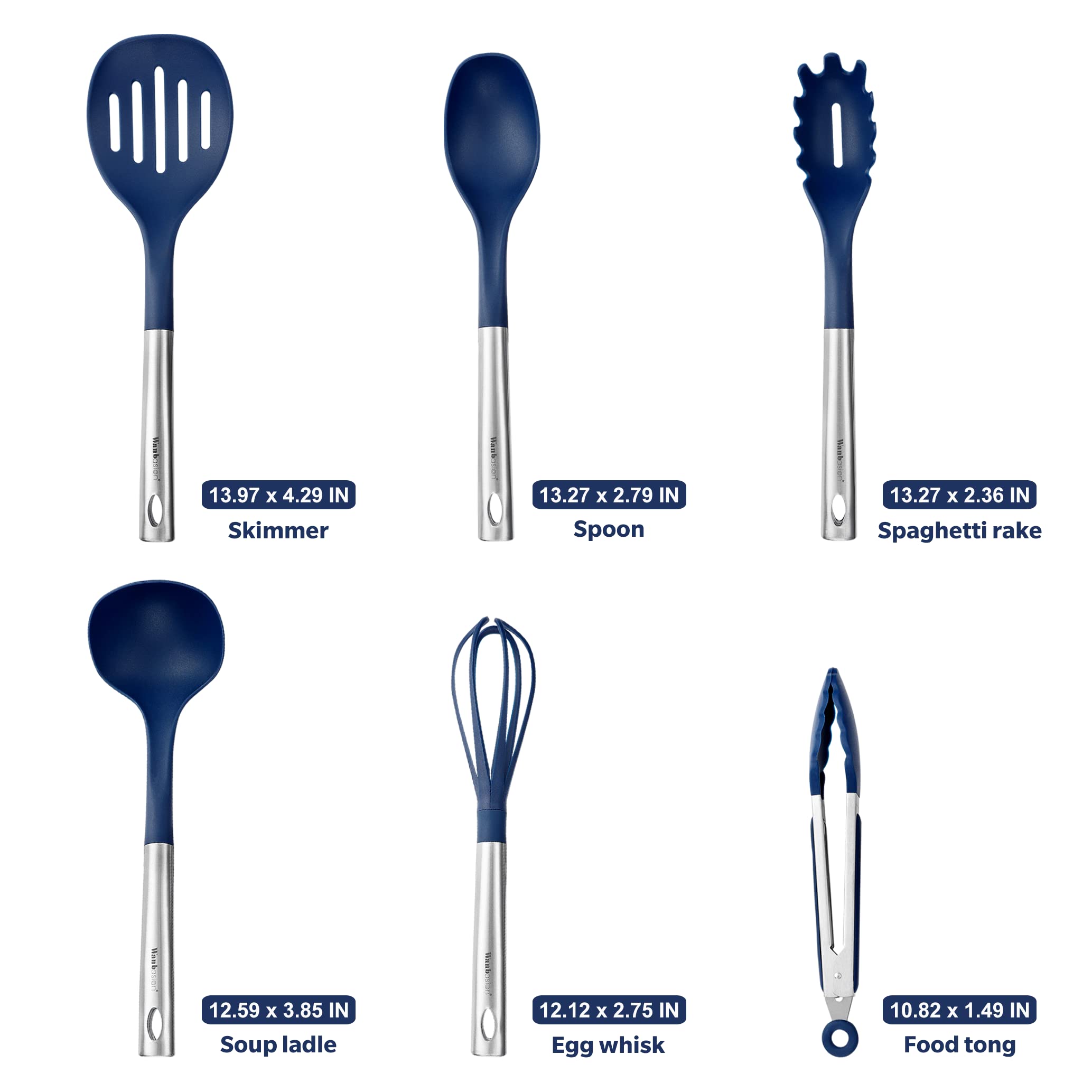Wanbasion Large Navy Blue Kitchen Utensils Set Stainless Steel, Heat Resistant Kitchen Cooking Utensils, Nylon Kitchen Cooking Utensils Set for Nonstick Cookware