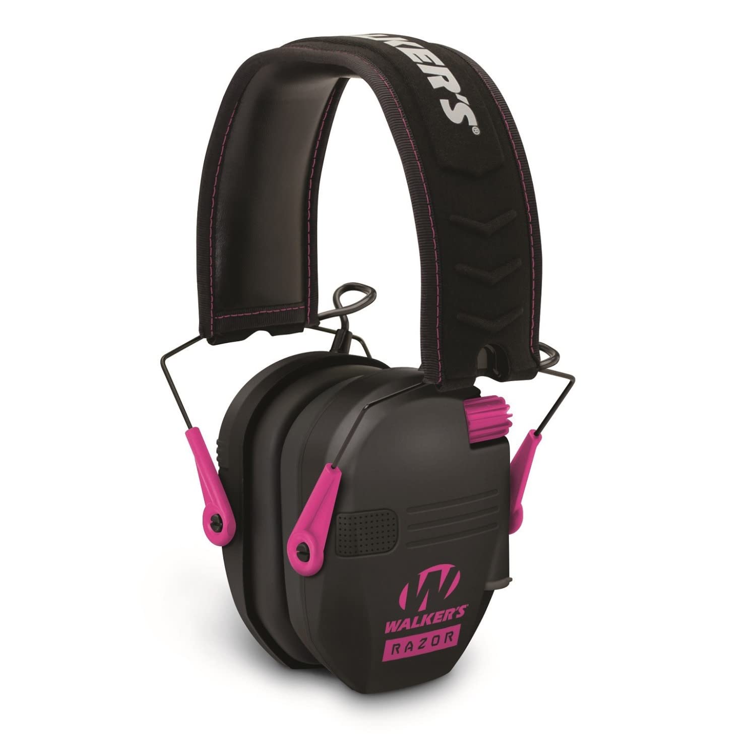 Walker’s Razor Slim Electronic Shooting Muff (Black-Pink) Bundle with Walkie Talkie, OTG Shooting Glasses, and Cleaning Cloth (4 Items)
