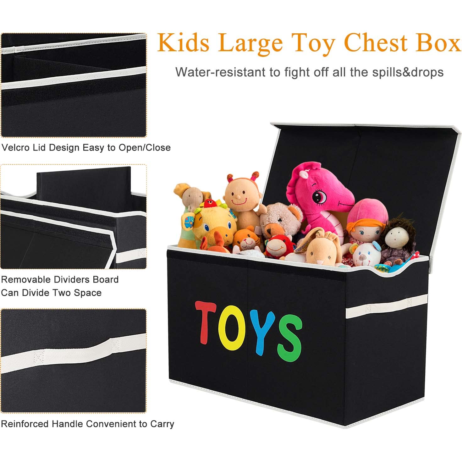 VICTOR'S Kids Toy Box Chest - 2 Pack Large Lightweight Collapsible Toy Storage Organizer Boxes Bins Baskets Thick Grey + Black, 26.8in x 13.8in x 16in