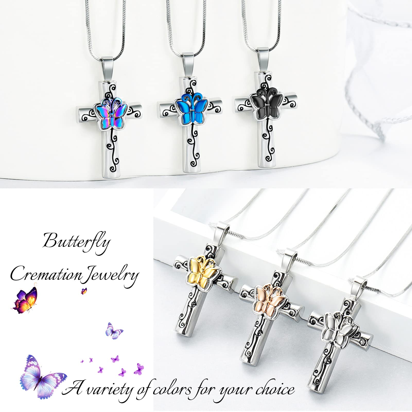 Urn Necklace for Ashes Rose Flower Cross Cremation Jewelry Pendant for Human/Pet Funeral Keepsake Memorial Necklace (Silve-Blue)