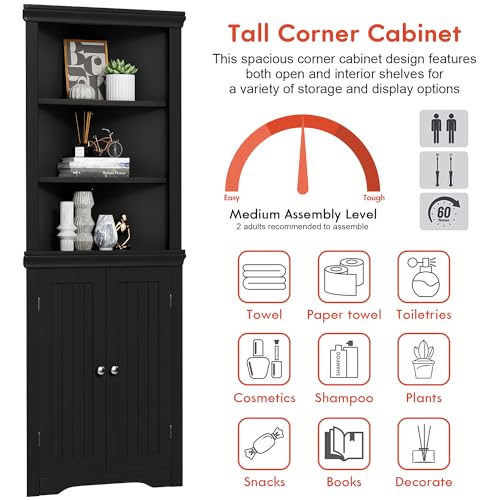YESHOMY Corner Cabinet Shelves Side Freestanding Storage Organizer with Large Space and Two Doors, Home Furniture for Multifunction in Living Room, Bathroom, Hallway, Kitchen, Bedroom, Black