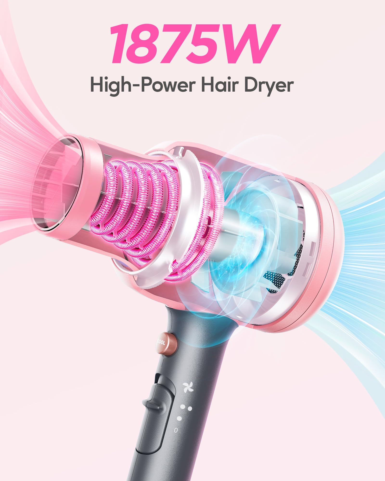Wavytalk Professional Hair Dryer with Diffuser 1875W Power Dryer, Blow Dryer Ionic Hair Dryer for Women with Constant Temperature, Fast Drying &Low Noise, Millennial Pink