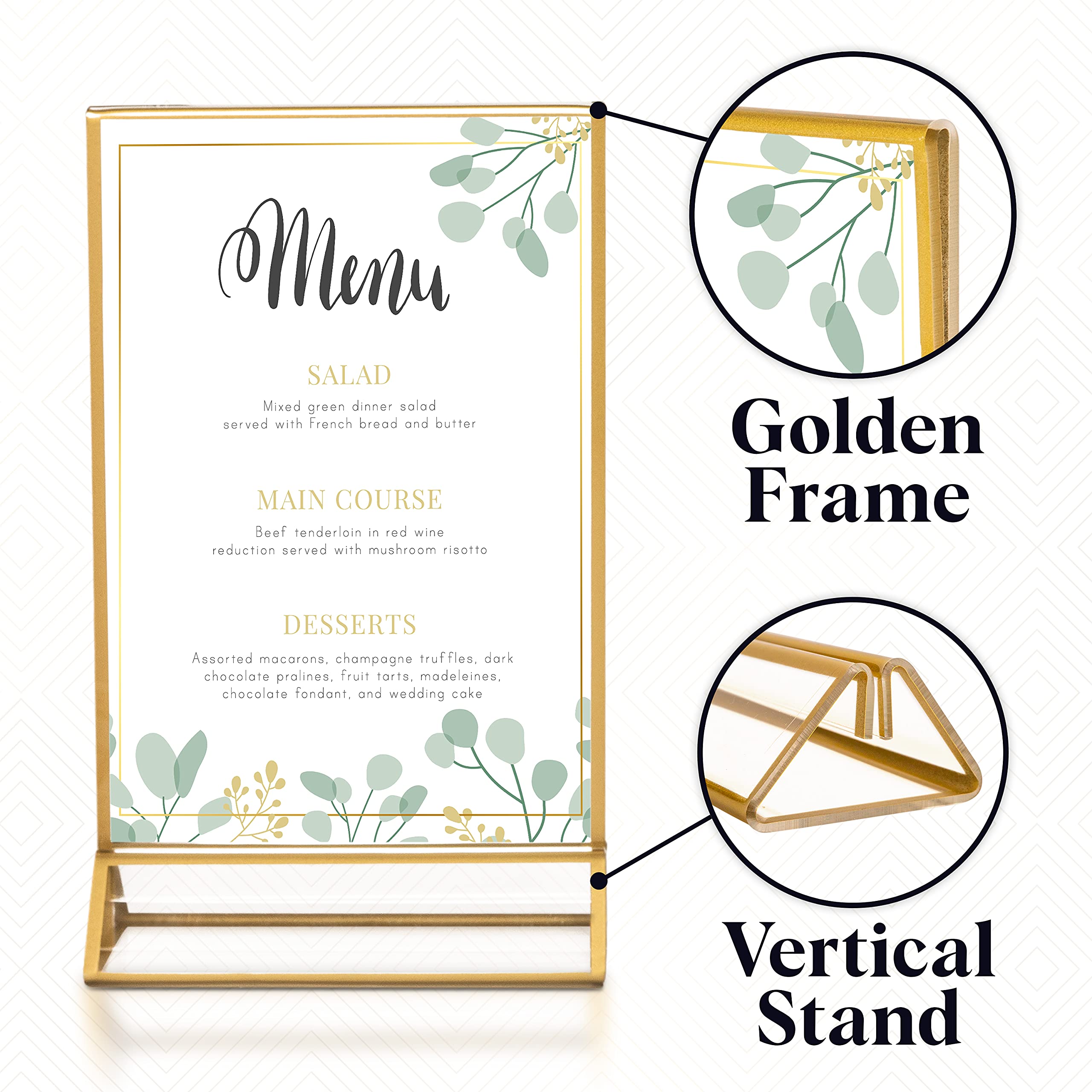 SUPER STAR QUALITY Clear Acrylic 2 Sided Frames with Gold Borders and Vertical Stand | Ideal for Wedding Table Number Holder, Double Sided Sign, Clear Photos, Menu Holders
