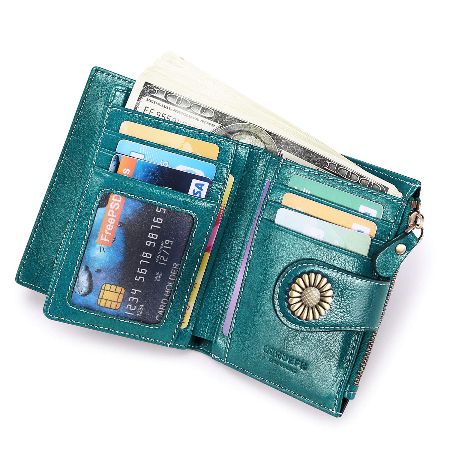 Womens Small Wallet Lady Purse Bifold RFID Blocking Leather Short Zipper Wallet Vintage Card Holder Organizer Safe Coin Purse (Blue)
