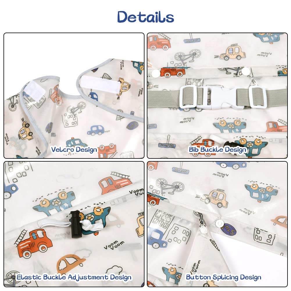 Vicloon Coverall Baby Feeding Bib, 2 In 1Weaning Bibs Attaches to Highchair and TableWeaning, Long Sleeve Bib with Waterproof, Baby Bibs for Feeding, Adjustable,Machine Washable(Car Pattern)