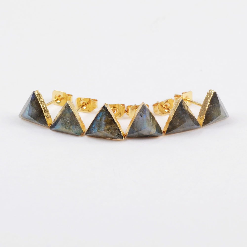 ZENGORI 1 Pair 8mm Triangle Gold Plated Natural Labradorite Stones Faceted Post Stud Earrings G1300