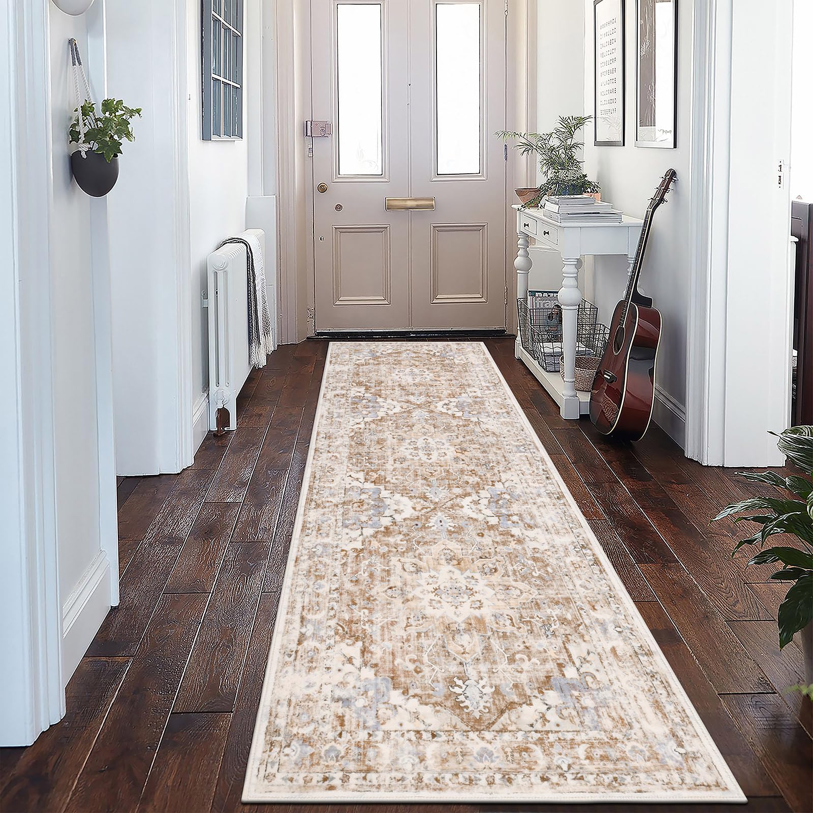U'Artlines Boho Round Area Rug, 4ft Non Slip Washable Throw Rug Carpet, Low Profile Circle Rug for Kitchen Bedroom Living Room Dining Room, Green