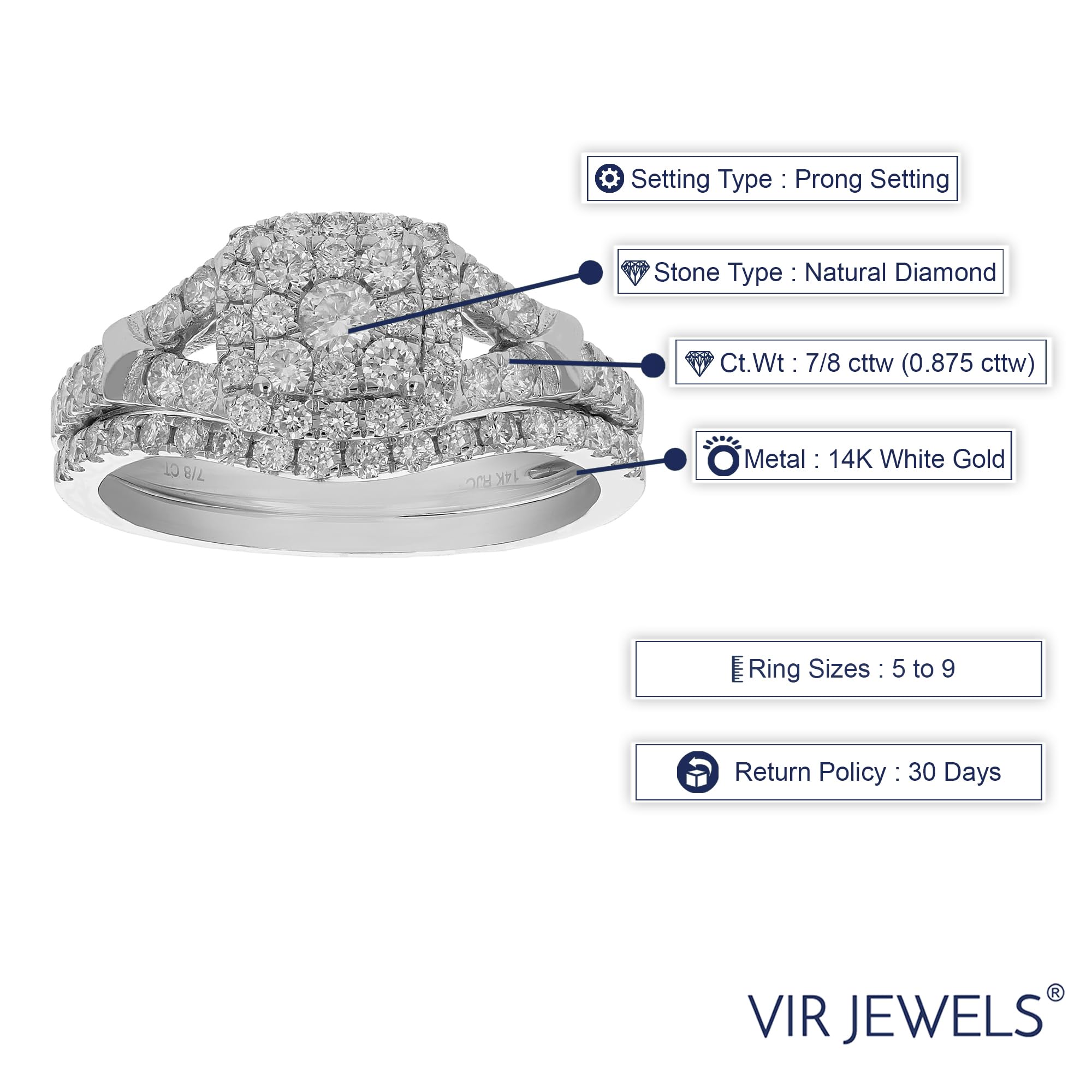 Vir Jewels 7/8 cttw Diamond Prong Set Wedding Engagement Ring Set 14K White Gold Bridal Size 6
