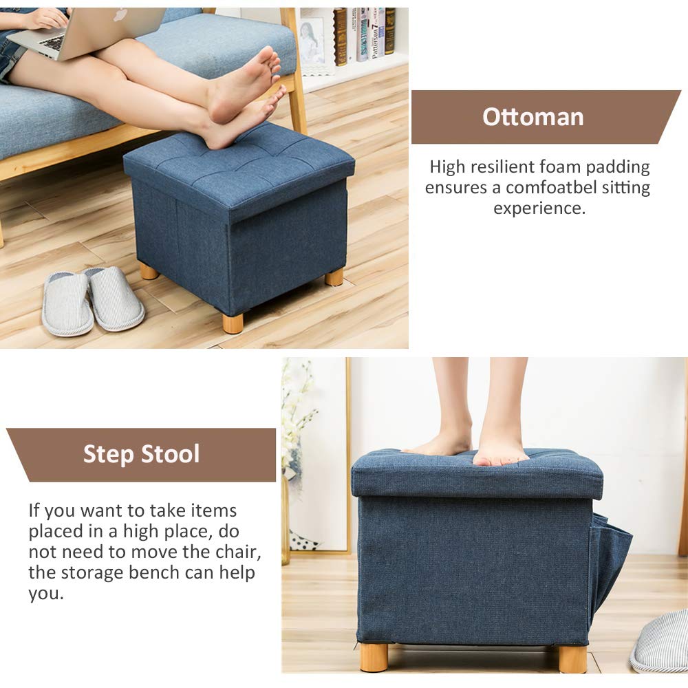 WALTSOM Folding Storage Ottoman, Cube Footrest Seat Stool Coffee Table with Woode Feet, Side Pockets, Double Sides Lid, Soft Padding for Home and Office, 15"X15"x15" (Blue)